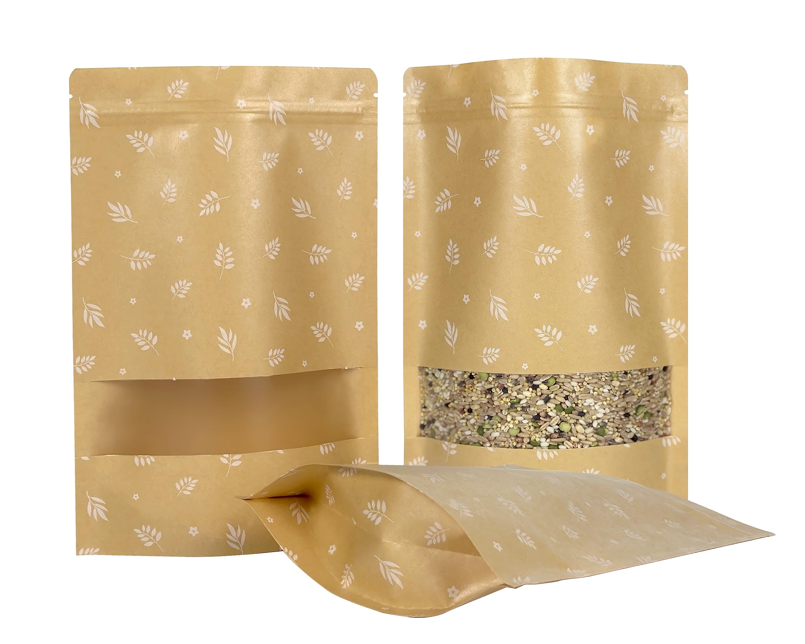 100PCS Stand Up Pouches with Window, Kraft Ziplock Pouch bags, 7"x 10.2", Reusable Stand Up Bags, Resealable & Heat Sealable Odor Free Food Storage Bag, Packaging for Small Business & Home Use [LEAF]