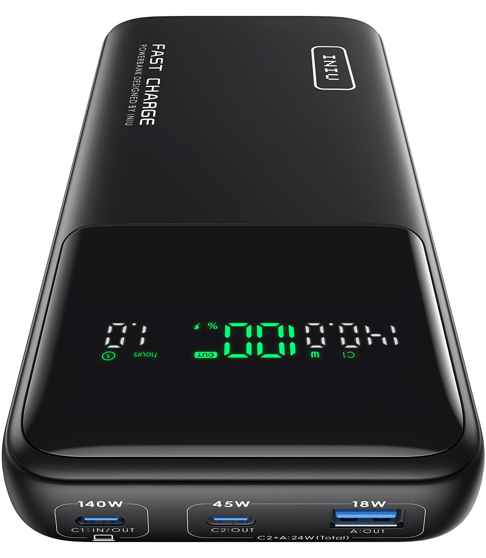 INIU 140W Power Bank, 27000mAh High Capacity Laptop Portable Charger, USB C in&Out Tablet Powerbank, Smart Digital Display Phone Charger Compatible with iPhone 16, iPad, MacBook, Laptop etc.