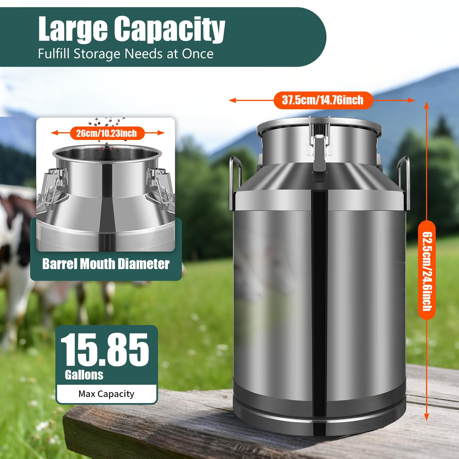 EcoTypee 15.85Gal/60L Milk Can - 201 Stainless Steel Milk Jug,Thick Handle with Sealed Lid Heavy Duty Milk Bucket Wine for Kitchen, Rice Cereal Grain Canisters Container