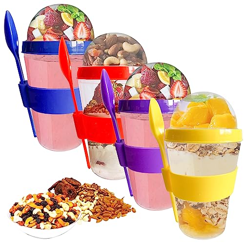 Minial Wave Pack of 4 Yogurt Parfait Cups with Lids and Spoon - Portable and Reusable - Ideal for Breakfast, Snacks, and On-the-Go crunch cup - Versatile Set of Overnight Oats Containers with Lids