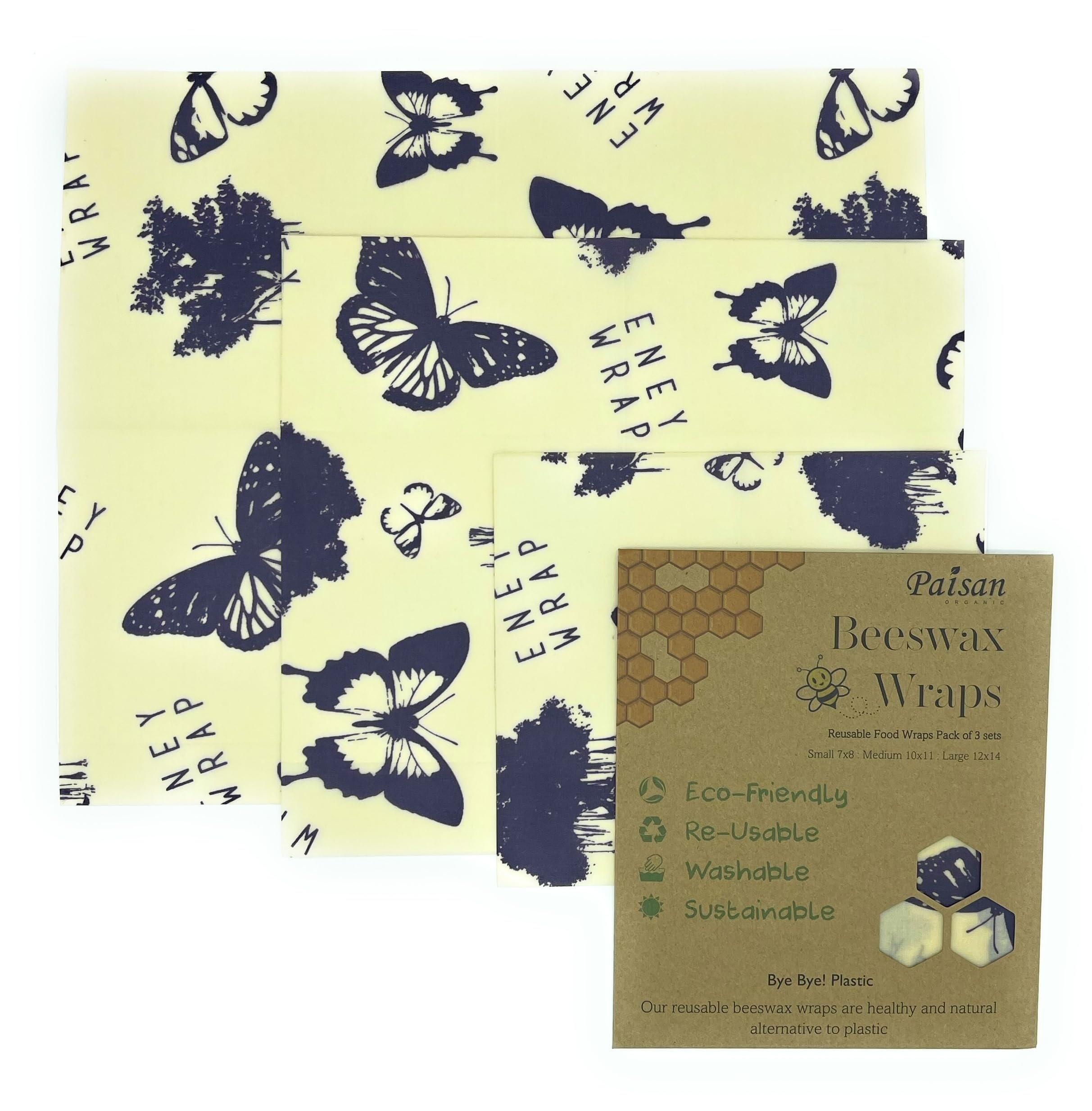 Beeswax Wraps 3 Packs - Organic Cotton - Eco Friendly Wax Sheet Wrappers - Plastic and Silicone Free - Reusable Beeswax Food Wraps in 3 Sizes (S,M,L) (Butterfly Print)