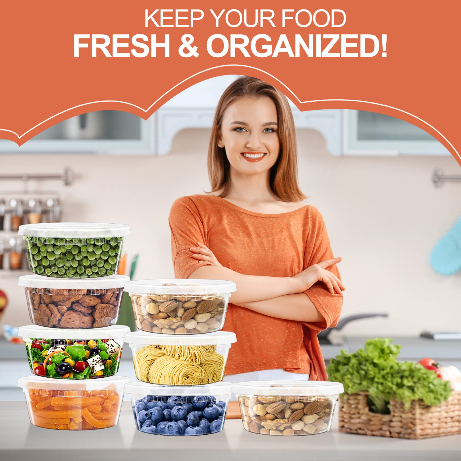 RAIHOMKIT 48 Pack Food Storage Containers with Lids,8 oz Deli Containers,8oz Plastic Containers,Deli Food Storage Containers with Airtight Lids,Meal Prep Containers,BPA Free,Microwave/Freezer Safe