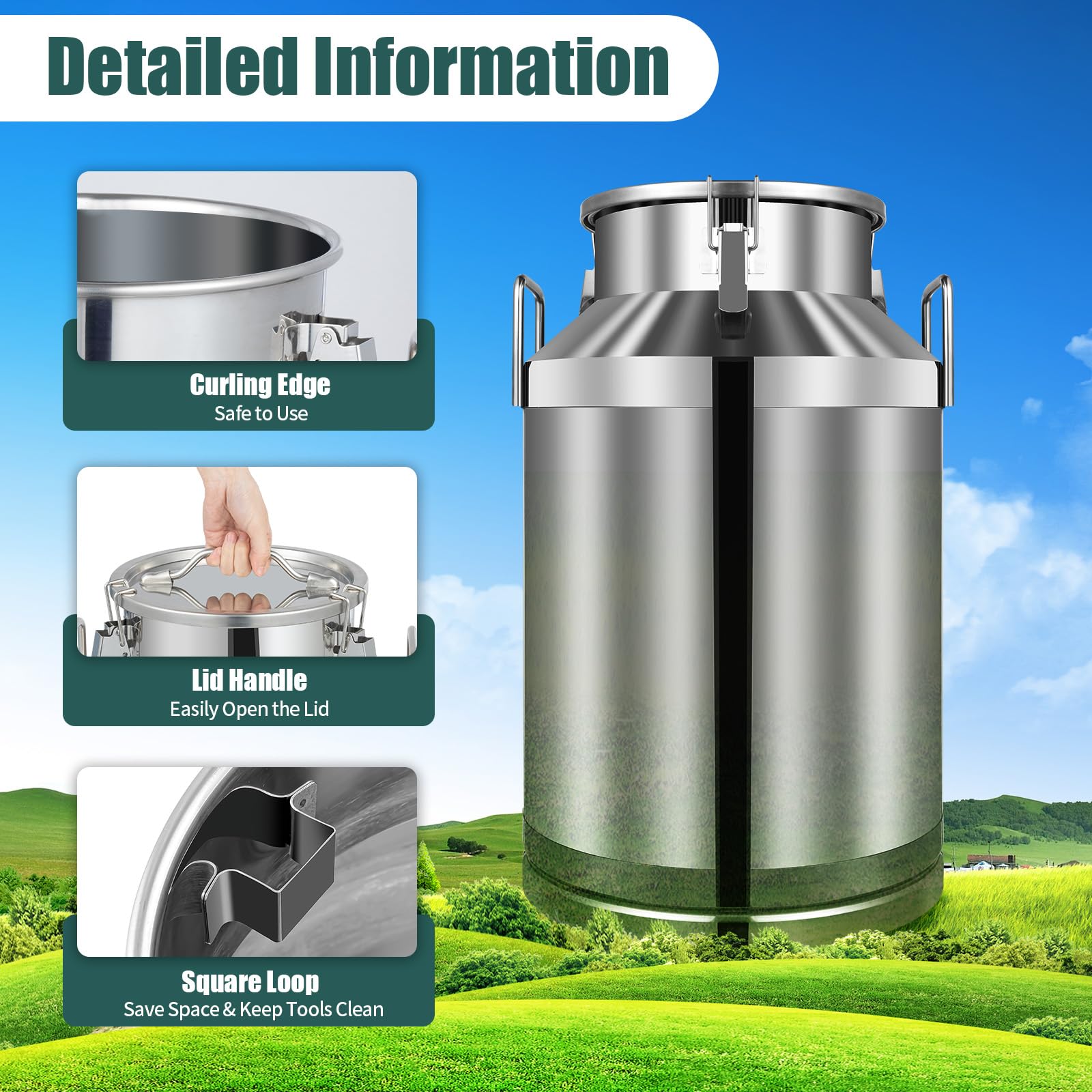 EcoTypee 15.85Gal/60L Milk Can - 201 Stainless Steel Milk Jug,Thick Handle with Sealed Lid Heavy Duty Milk Bucket Wine for Kitchen, Rice Cereal Grain Canisters Container