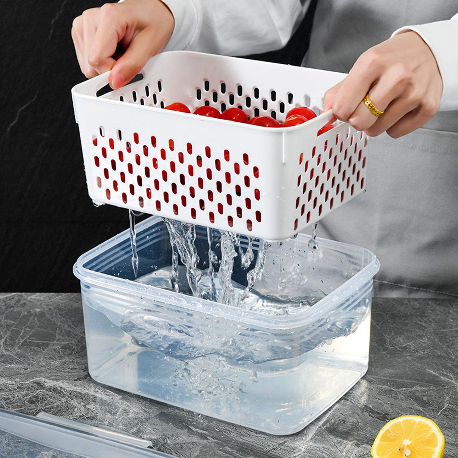 Fruit Storage Container for Fridge, Vegetable Produce Storage Saver Containers with Lid for Refigerator, Food Storage Containers with Colander, Plastic Fresh Keeper for Fruit Vegetable(3300ML)