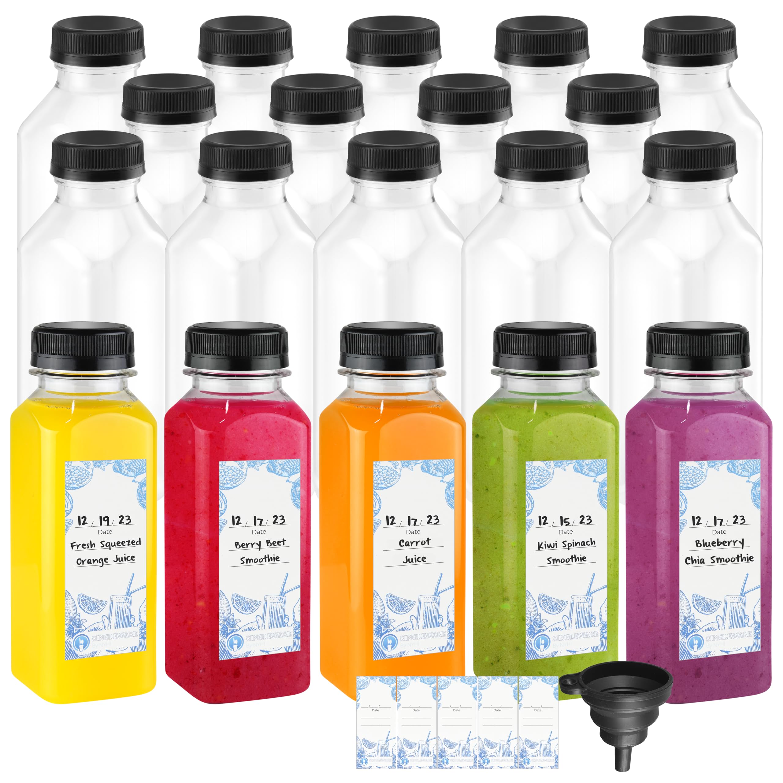 NYHI 12 oz 20 Count Clear Plastic Juice Bottles with Tamper Evident Caps Reusable Empty Drink Containers with Caps for Juicing Smoothies Water Iced Tea Lemonade Other Beverages