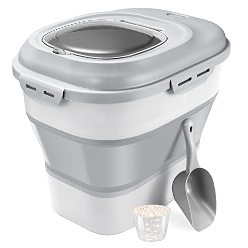 Rice Container Cereal Food Storage, Lockcoo Collapsible Airtight Rice Dispenser 20 to 50 Lbs with Measuring Cup & Wheels, Dry Food Flour Sugar Storage Container Large Kitchen Pantry Holder, Grey