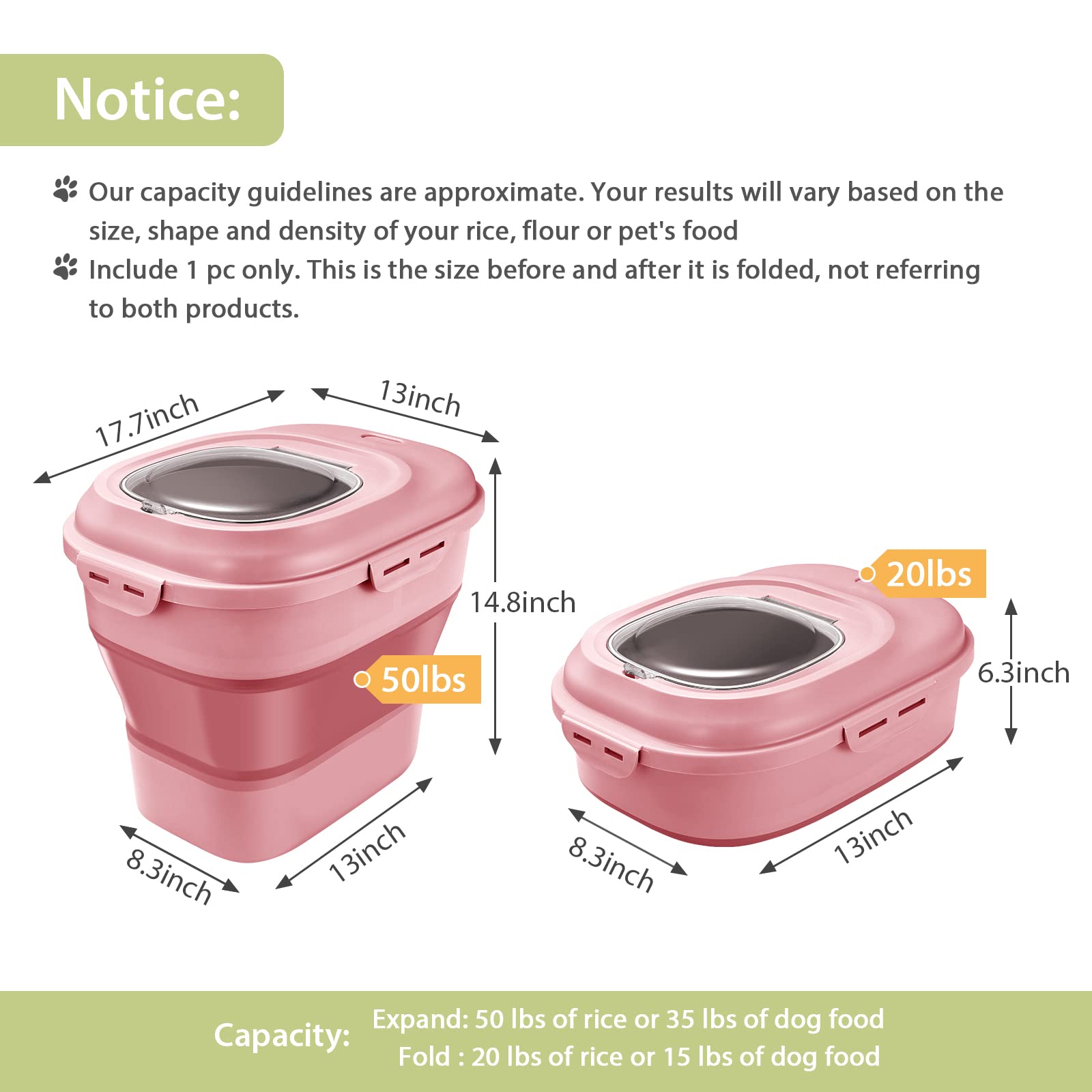 Rice Storage Container, Lockcoo Foldable Airtight Cereal Food Storage Containers 20 to 50 Lbs with Measuring Cup & Wheels, Dry Food Flour Sugar Storage Container Large Kitchen Pantry Holder, Pink