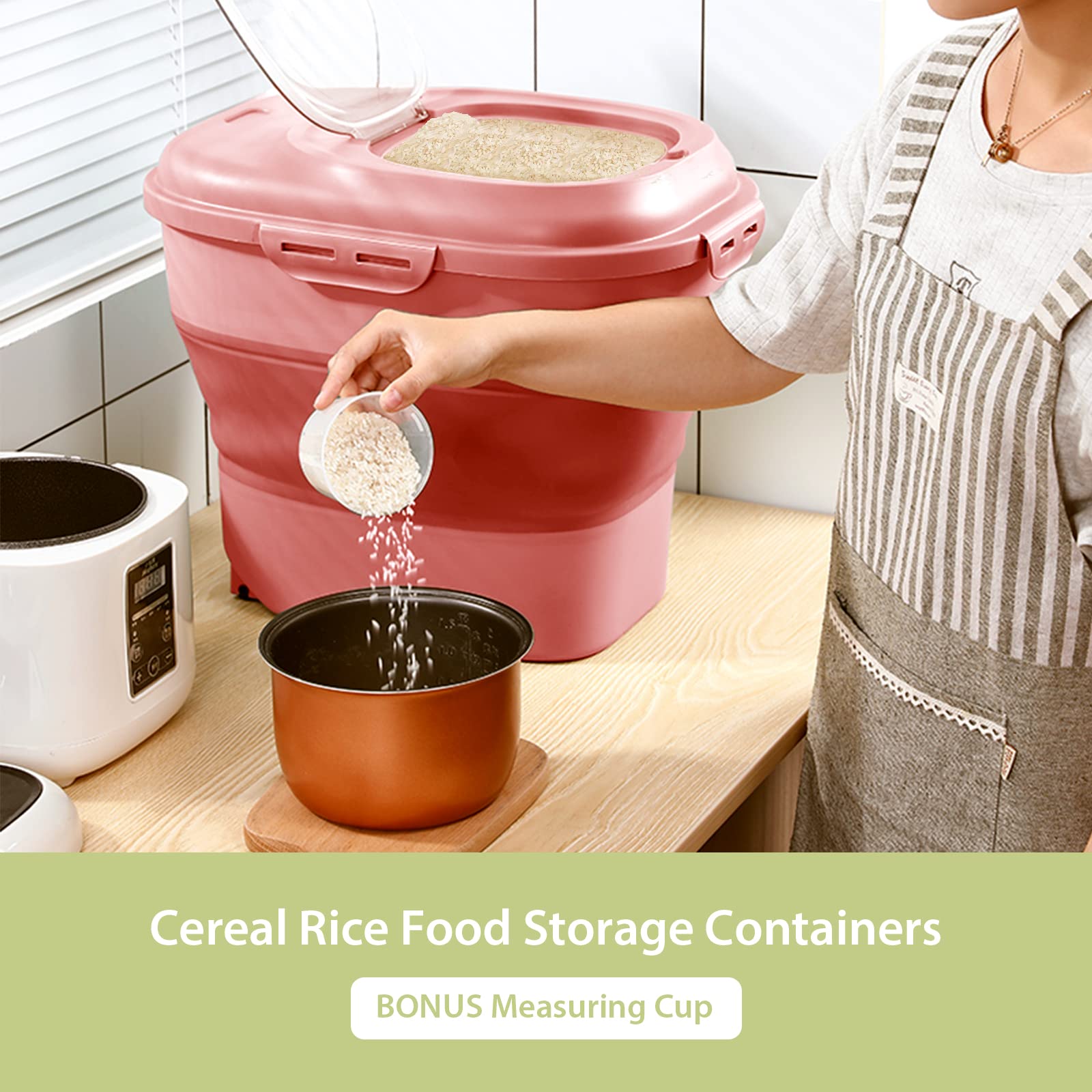 Rice Storage Container, Lockcoo Foldable Airtight Cereal Food Storage Containers 20 to 50 Lbs with Measuring Cup & Wheels, Dry Food Flour Sugar Storage Container Large Kitchen Pantry Holder, Pink