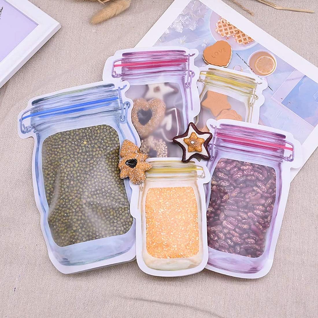 60Pcs 3 Color Mixed Food Saver Storage Bags Mason Jar Pattern Reusable Portable Stand Up Zipper Bags Snack Container Leakproof Package Bag Matt Pouche for Travel Camping (20 yellow 20 Red 20 Blue)