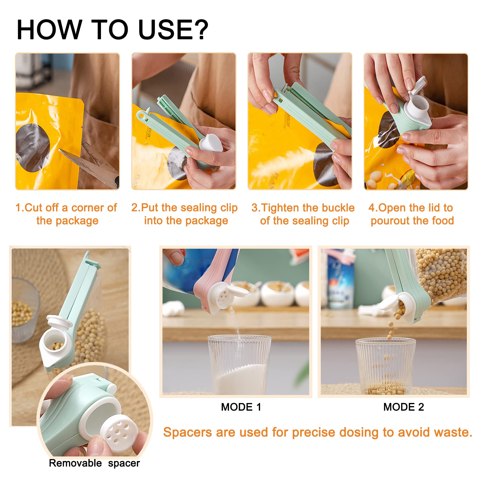 DEFORAGE 6 Pcs Bag Spout Clip,Bag Clips for Food,Snack Sealing Clips with Pour Spouts,Kitchen Chip with 4pcs Adhesive Hooks, for Cereal Kitchen Food Storage Organization(2L+4S)