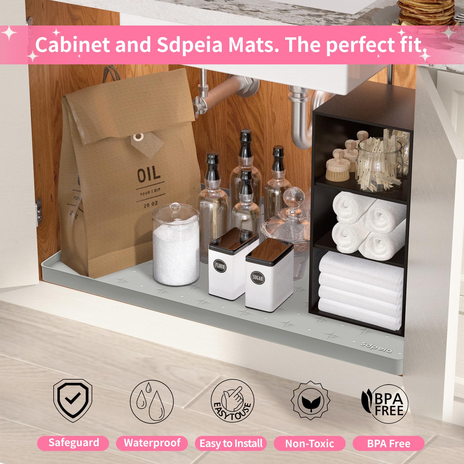Sdpeia Under Sink Mat for [34" x 22"] Cabinet, Upgraded Silicone Waterproof Mat Kitchen Cabinet Liner Cabinet Protector Kitchen Organizers and Storage