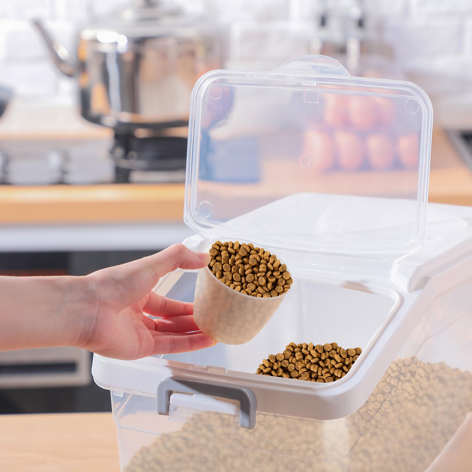 Sunnyray 4 Pcs Rice Storage Container 28 lb Airtight Flour Container with Wheels Measuring Cup Clear Pet Food Cube Dog Birds Cat Food Bin Grain Cereal Organizer Box for Dry Baking Supplies