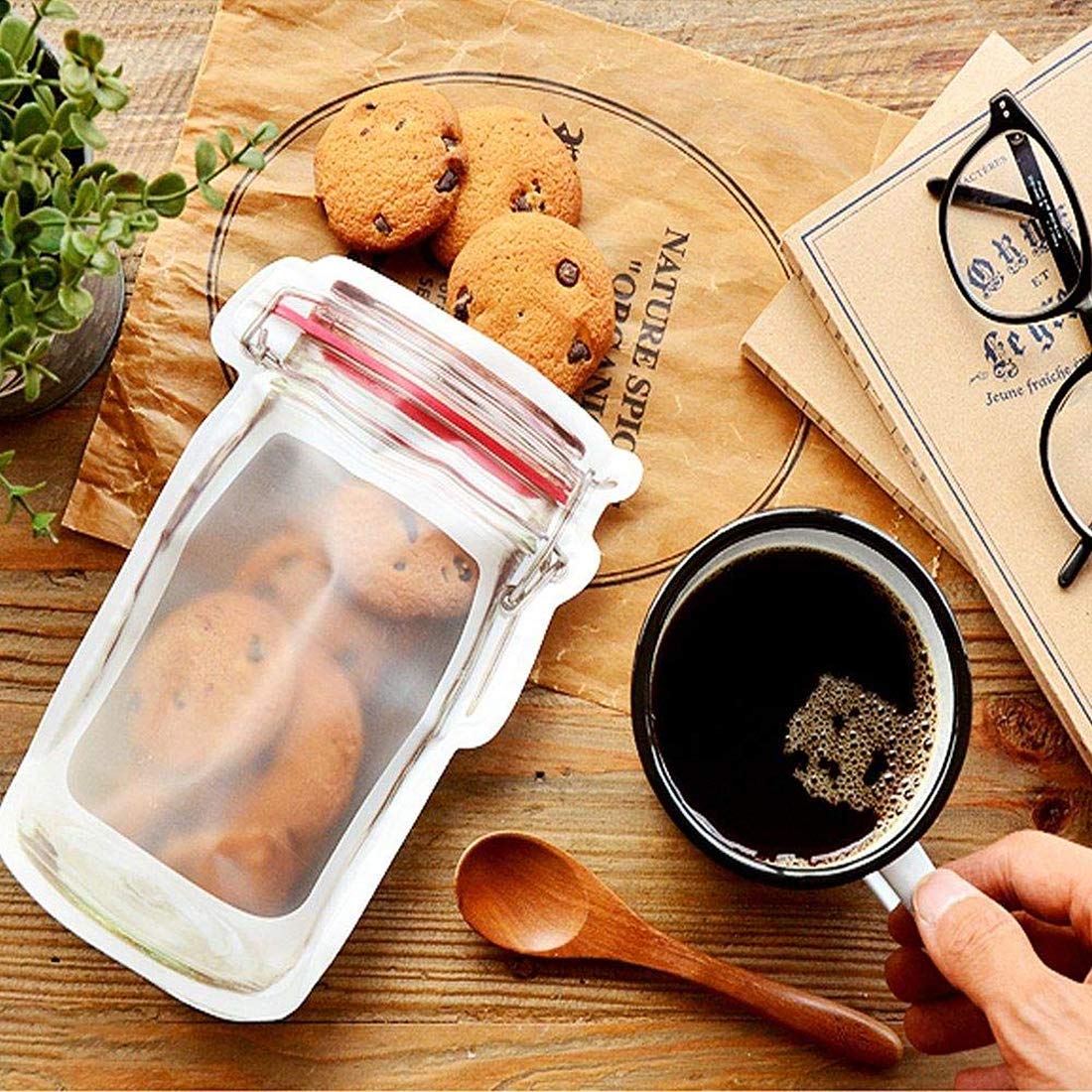 60Pcs 3 Color Mixed Food Saver Storage Bags Mason Jar Pattern Reusable Portable Stand Up Zipper Bags Snack Container Leakproof Package Bag Matt Pouche for Travel Camping (20 yellow 20 Red 20 Blue)