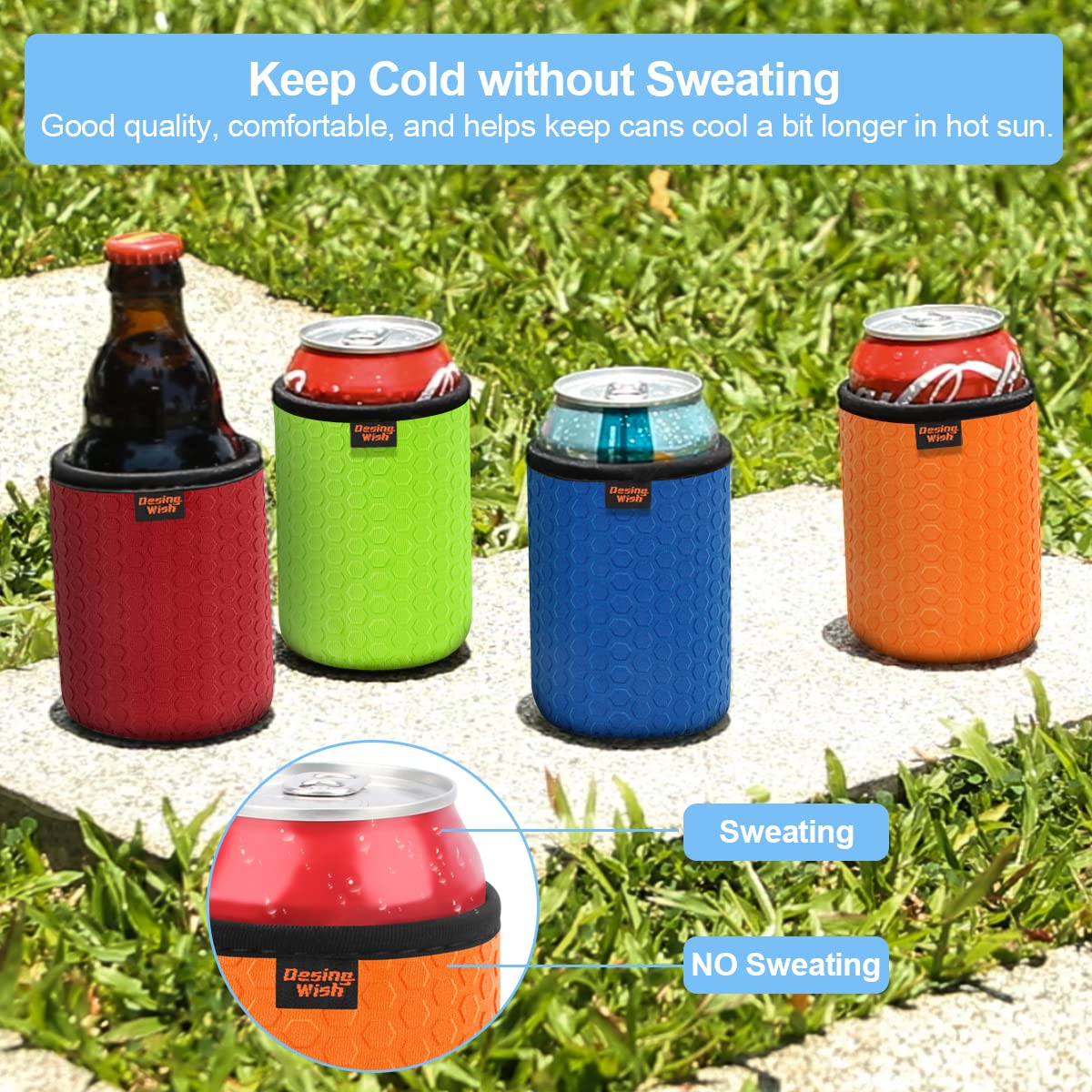 Desing Wish 12oz Standard Can Cooler Sleeve Holder Honeycomb Insulator Beer Cans Cover 12OZ Beer Bottle Sleeves Non-slip Neoprene Soda Cans Coolers Holders 4 Pack (Red/Blue/Green/Orange)