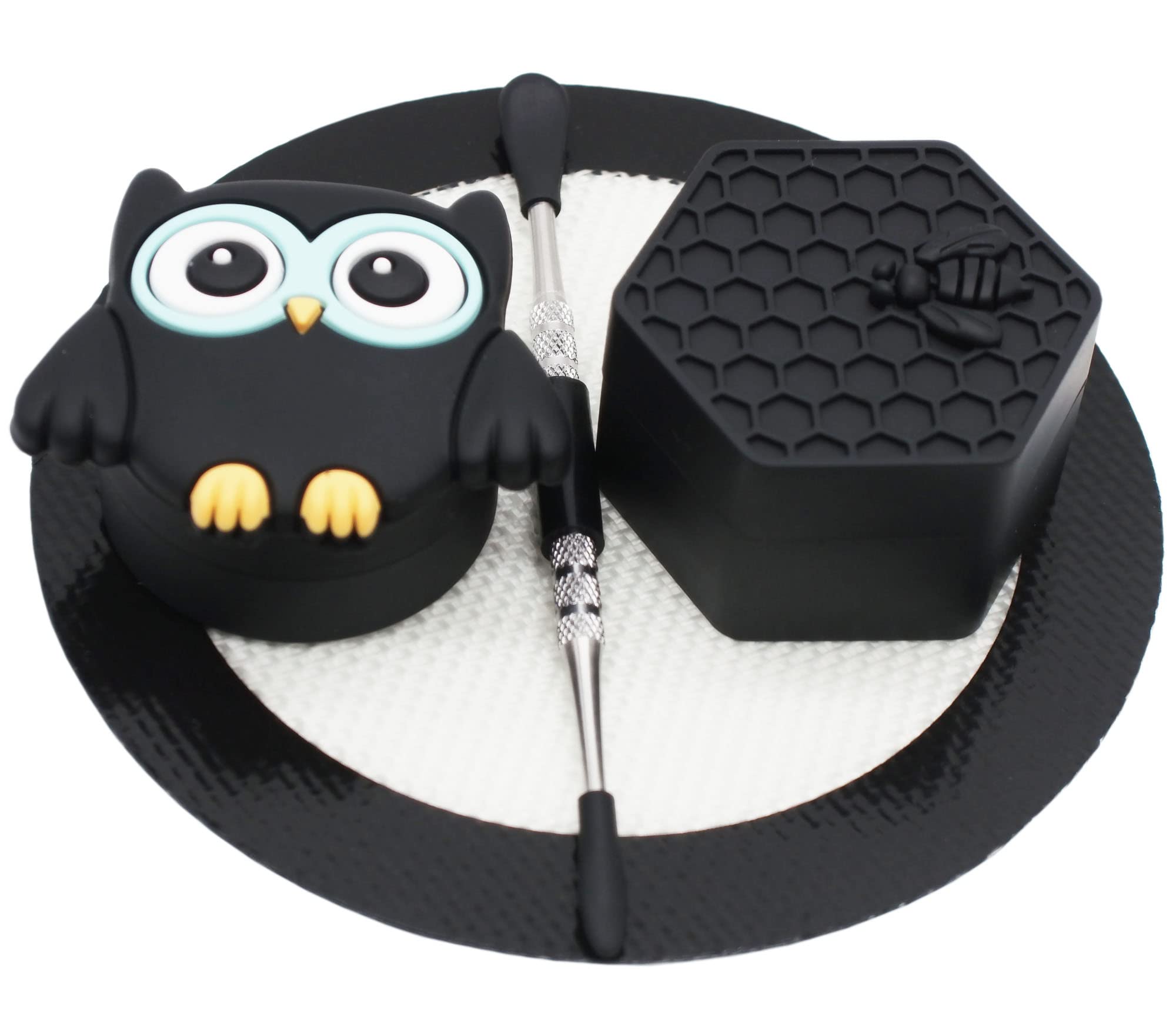 Vitakiwi Wax Silicone Container 26ml Hexagon 11ml Owl with 4.98" Round Mat and 4.8" Stainless Steel Carving Tool (Black)