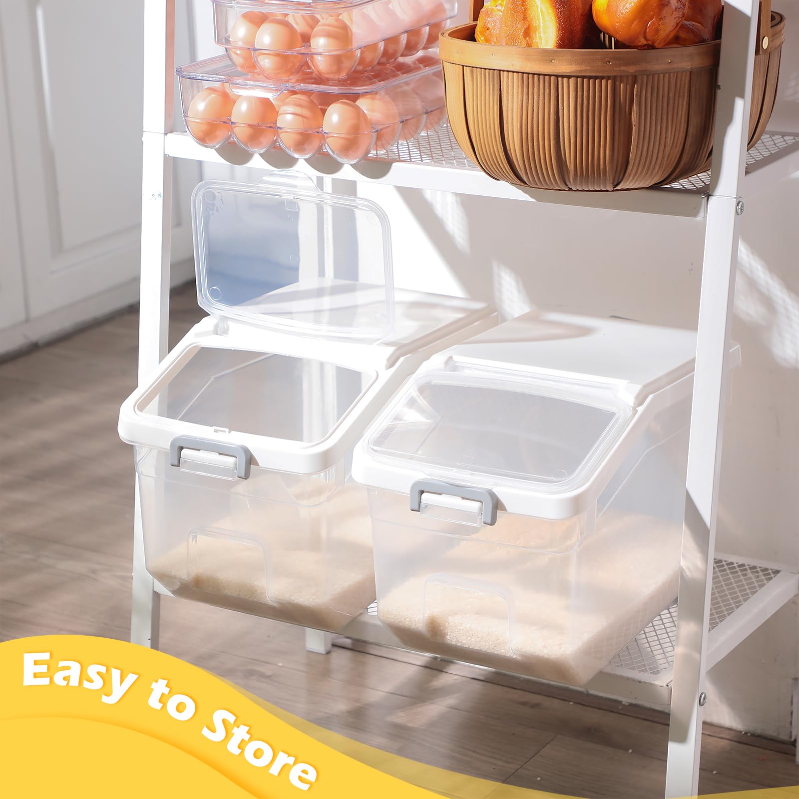 Sunnyray 4 Pcs Rice Storage Container 28 lb Airtight Flour Container with Wheels Measuring Cup Clear Pet Food Cube Dog Birds Cat Food Bin Grain Cereal Organizer Box for Dry Baking Supplies