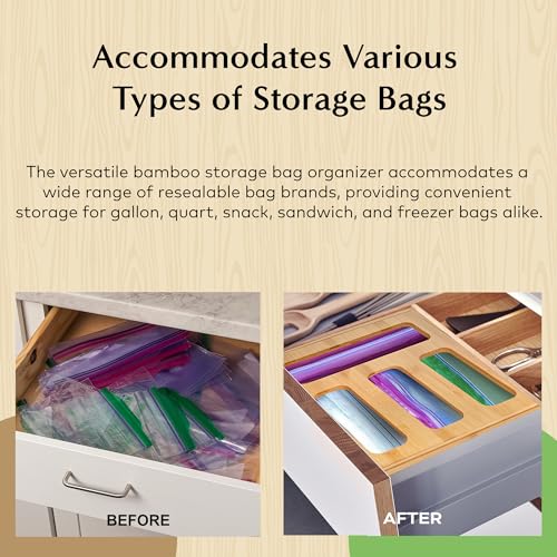 Umiboo Bamboo Resealable Bag Storage Organizer with Hinge - For your Kitchen Drawer, Pantry, Countertop - Easily Organize your resealable storage bags
