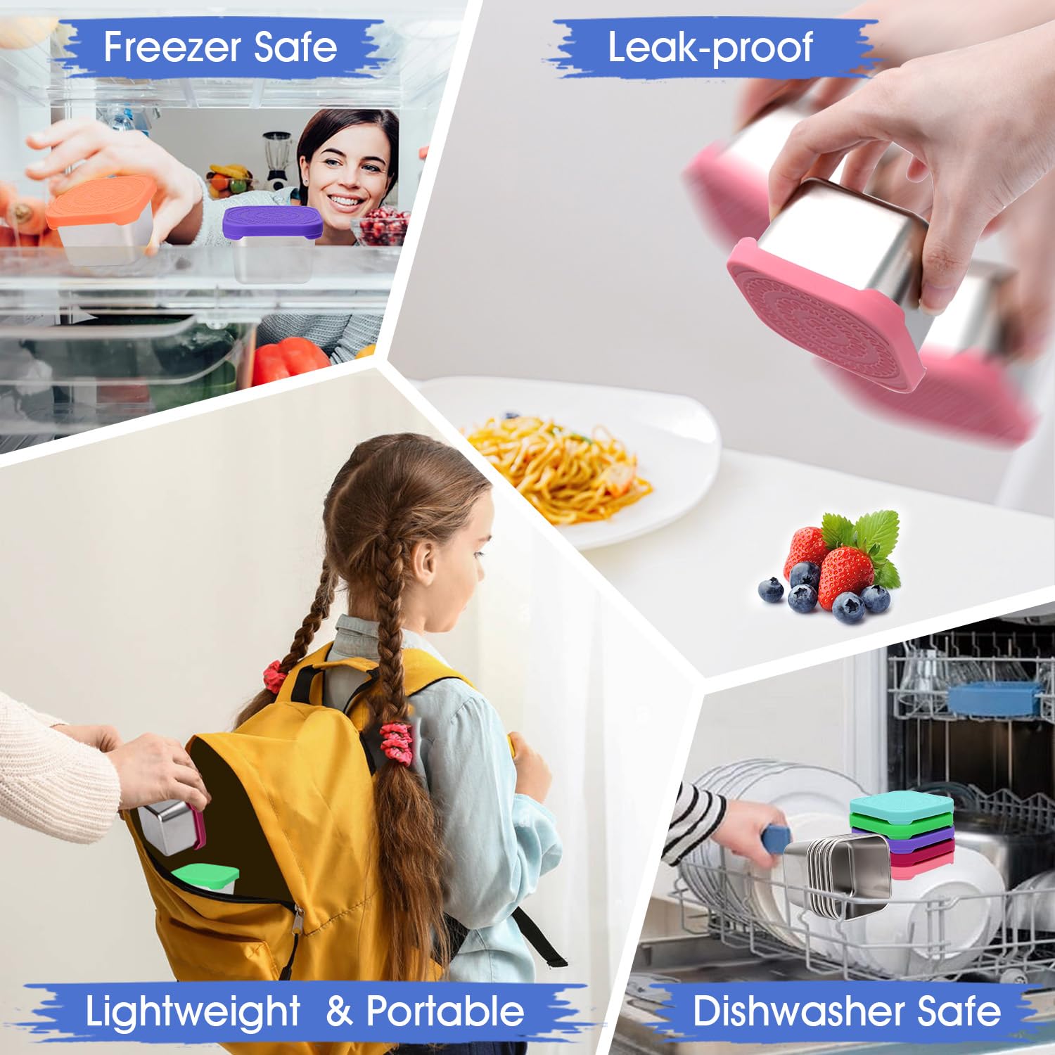 6Pack Stainless Steel Snack Containers, 6oz 304 Stainless Steel Metal Sauce Food Storage Box Containers with Silicone Lids, Reusable Small Portable Leak Proof Food Lunch Boxes Set, Easy Open