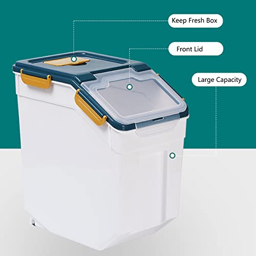 PENCK Rice Storage Container Large Flour Dispenser Plastic Food Bin Holder Airtight Cereal Grain Organizer Box with Locking Lid, Measuring Cup, Scoop & Wheels, 8-15kg Capacity (Blue)