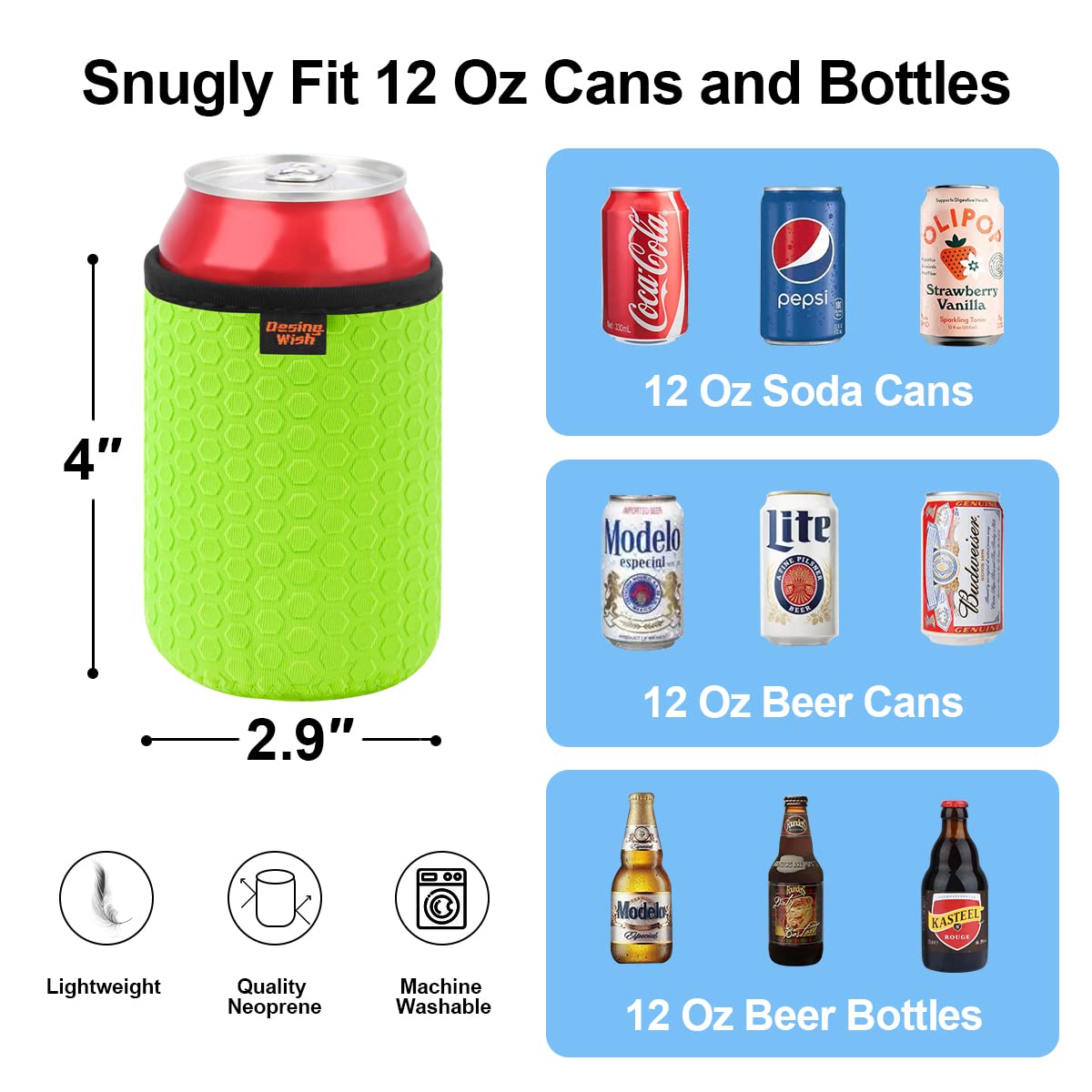 Desing Wish 12oz Standard Can Cooler Sleeve Holder Honeycomb Insulator Beer Cans Cover 12OZ Beer Bottle Sleeves Non-slip Neoprene Soda Cans Coolers Holders 4 Pack (Red/Blue/Green/Orange)