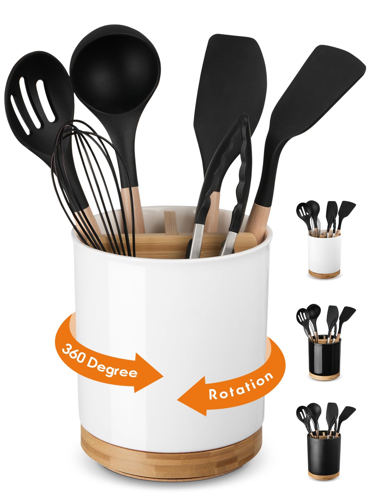 LoeJan 3 Compartment Utensil Holder, Extra Large Utensil Crock, Stable Ceramic Utensil Organizer, Cooking Tool Organizer Set for Kitchen Counter Farmhouse Decor (C-White(Grossy))