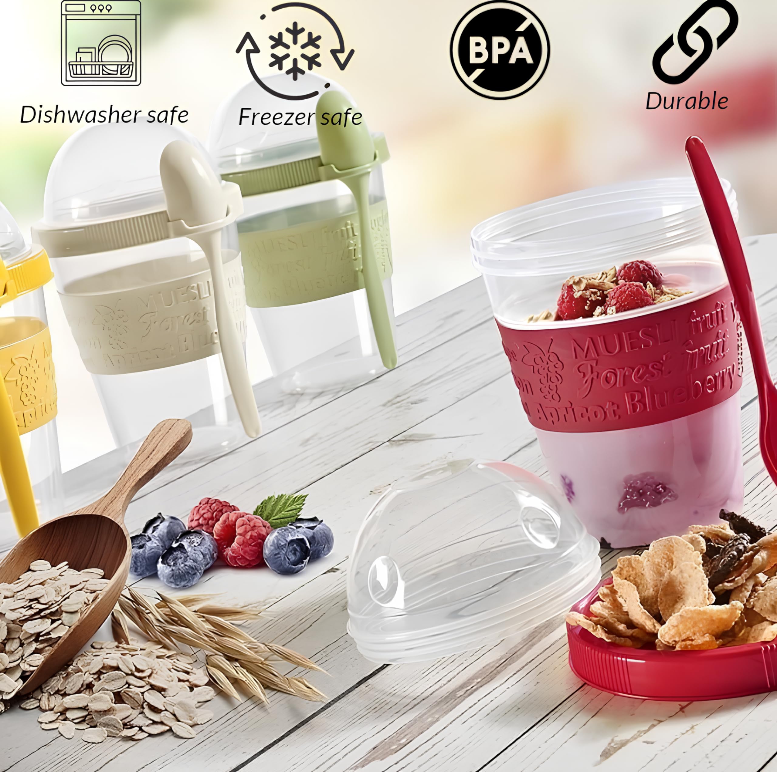 20 OZ Overnight Oats Container With Lid and Fruit Peeler, Meal Prep, Parfait Cups, Plastic Storage With Lids, Salad for Lunch, Yogurt,Crunch Cup,Colorful Set of 2 & Blue Fruit Peeler