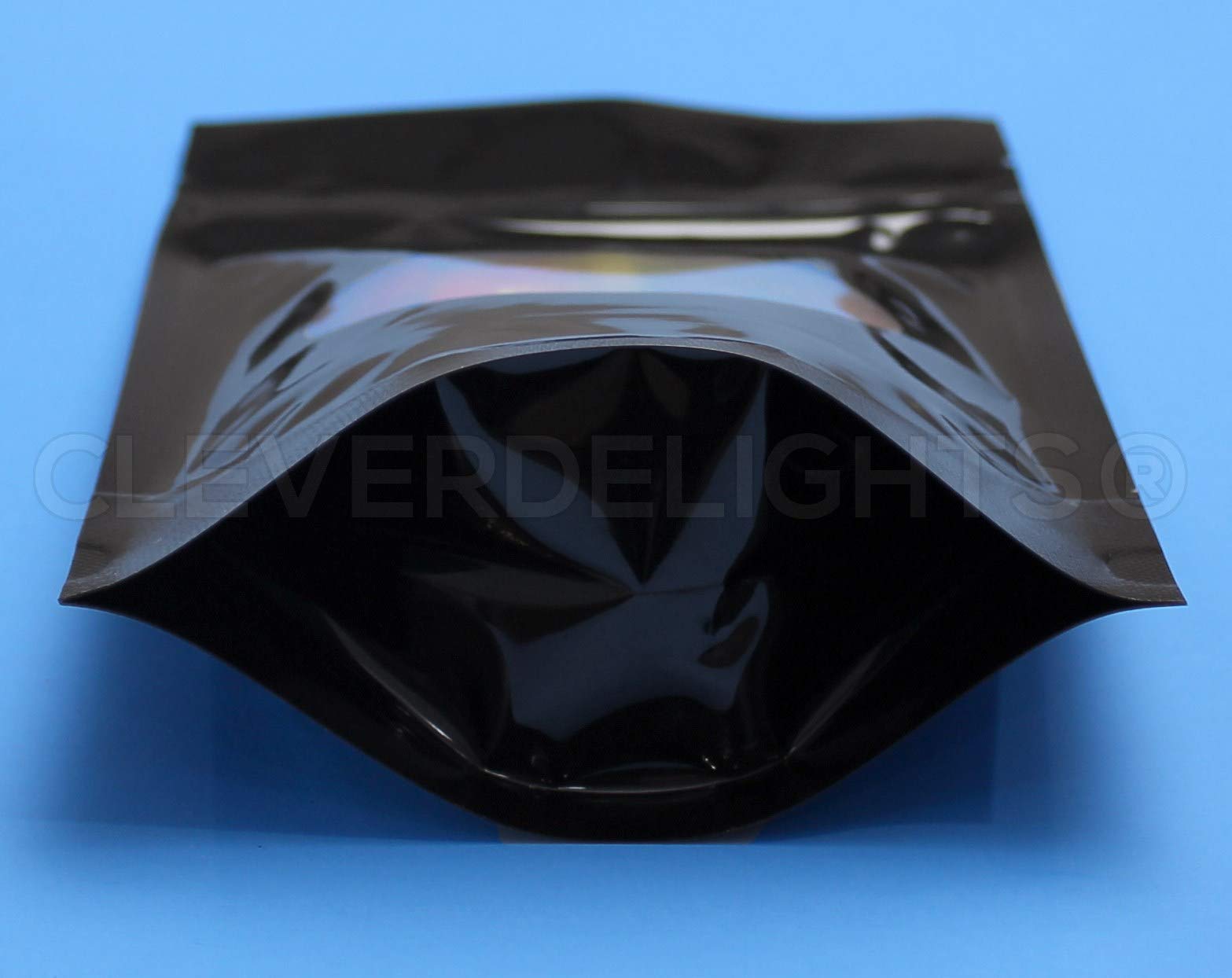 CleverDelights Glossy Black Window Stand Up Pouches - 2oz - 100 Pack - 4" x 6" x 2" - Resealable Bags