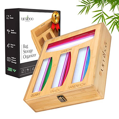 Umiboo Bamboo Resealable Bag Storage Organizer with Hinge - For your Kitchen Drawer, Pantry, Countertop - Easily Organize your resealable storage bags