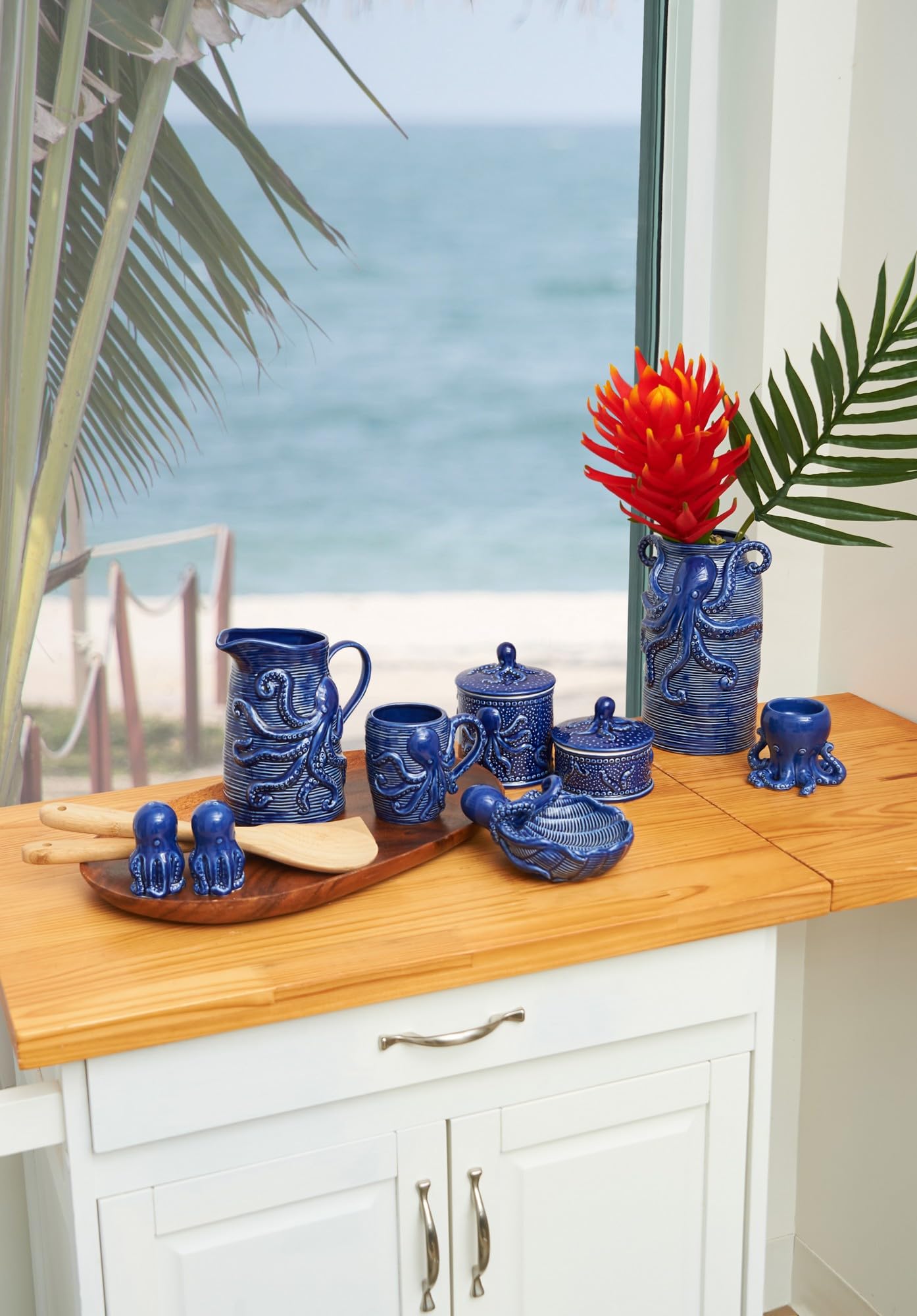Beachcombers 3.5" x 4" Decorative Small Octopus Porcelain Drinkware Serveware Condiment Canister Holder Home Summer Nautical Coastal Ocean Beach House Kitchen Dining Dinner Table Tabletop Party Decor
