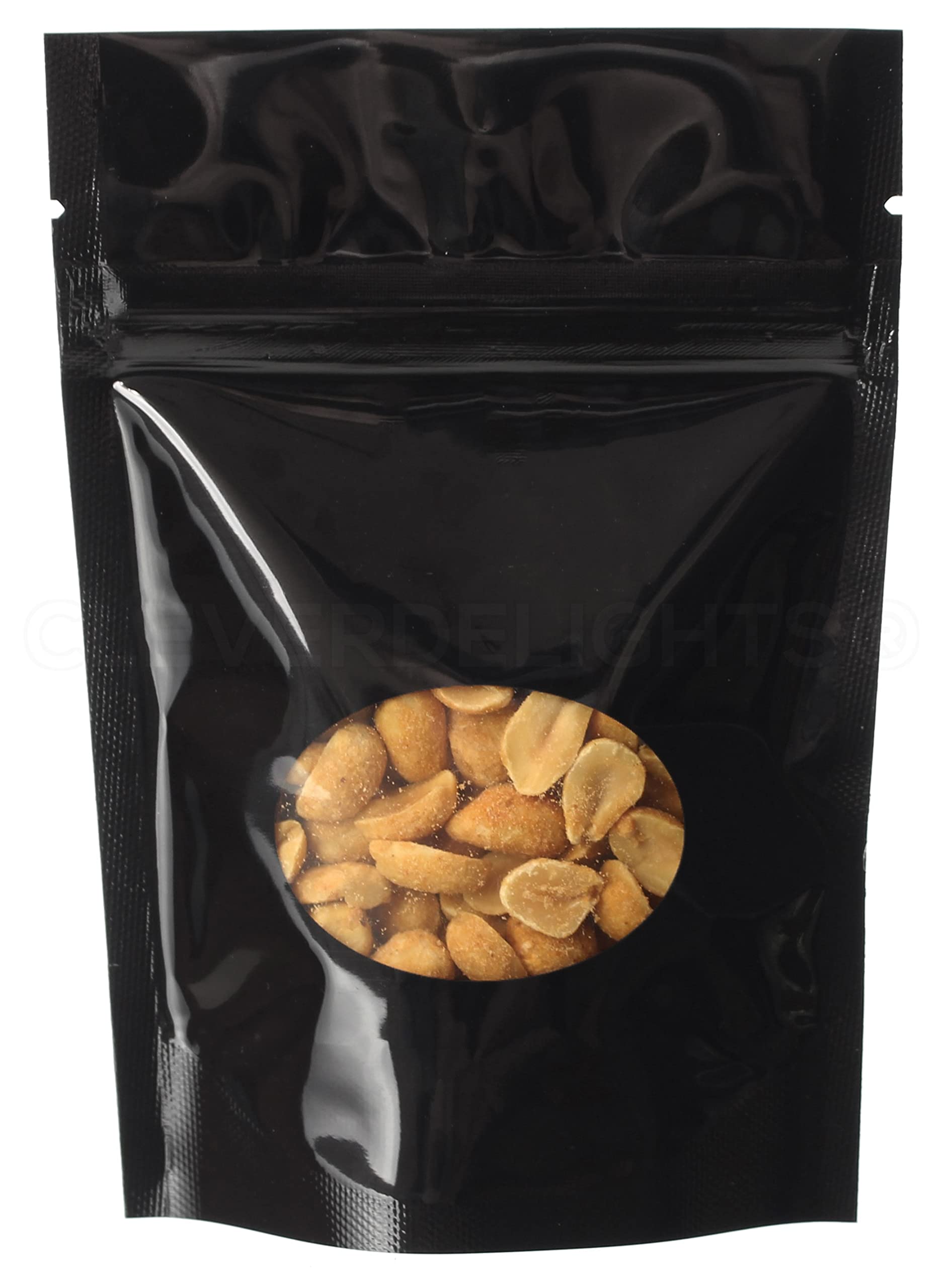 CleverDelights Glossy Black Window Stand Up Pouches - 2oz - 100 Pack - 4" x 6" x 2" - Resealable Bags