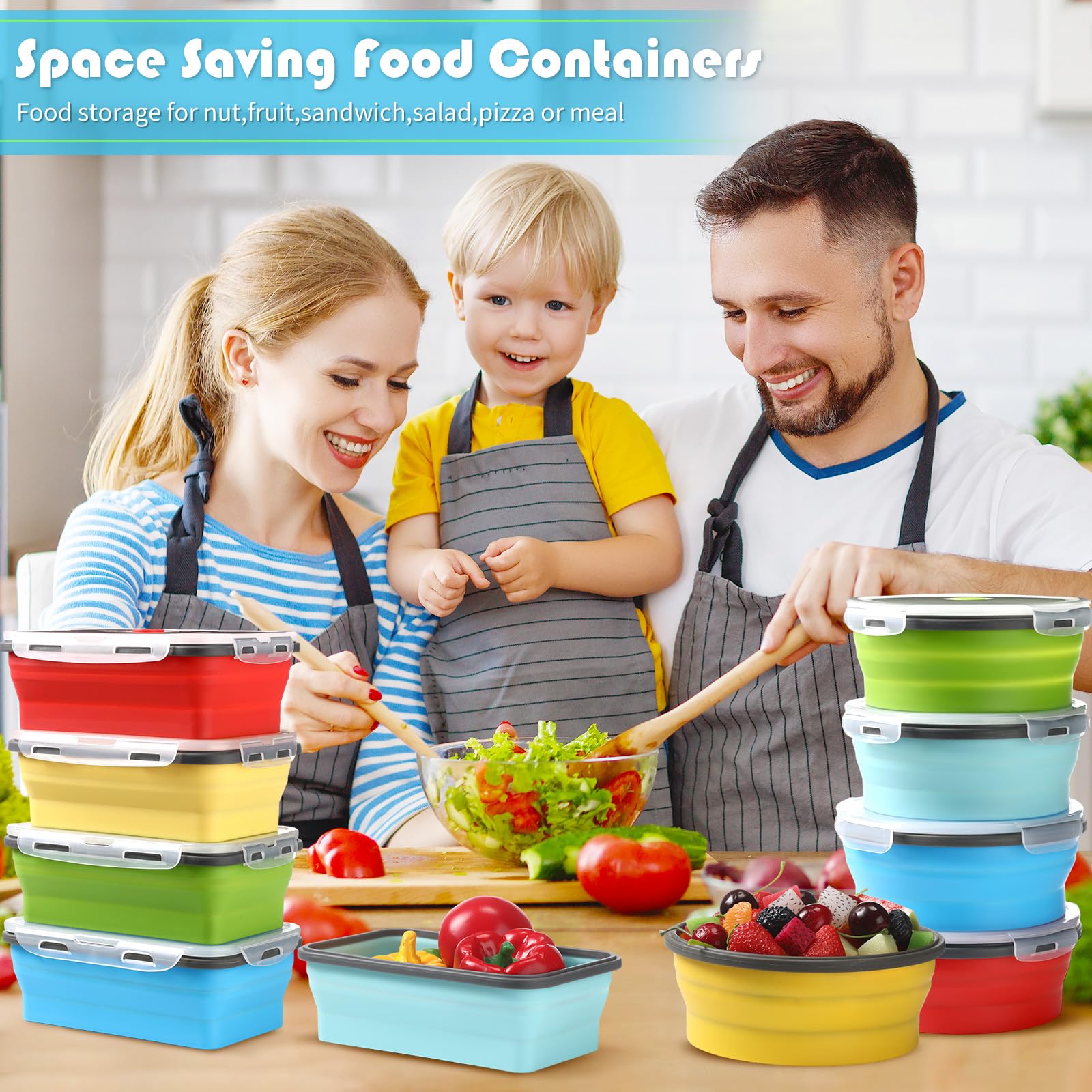 Dandat 10 Pieces 40.6 oz Silicone Collapsible Food Storage Container with Airtight Lids Stacking Meal Prep Lunch Containers for Kitchen, Traveling, Microwave Freezer Dishwasher Safe (Multicolor)