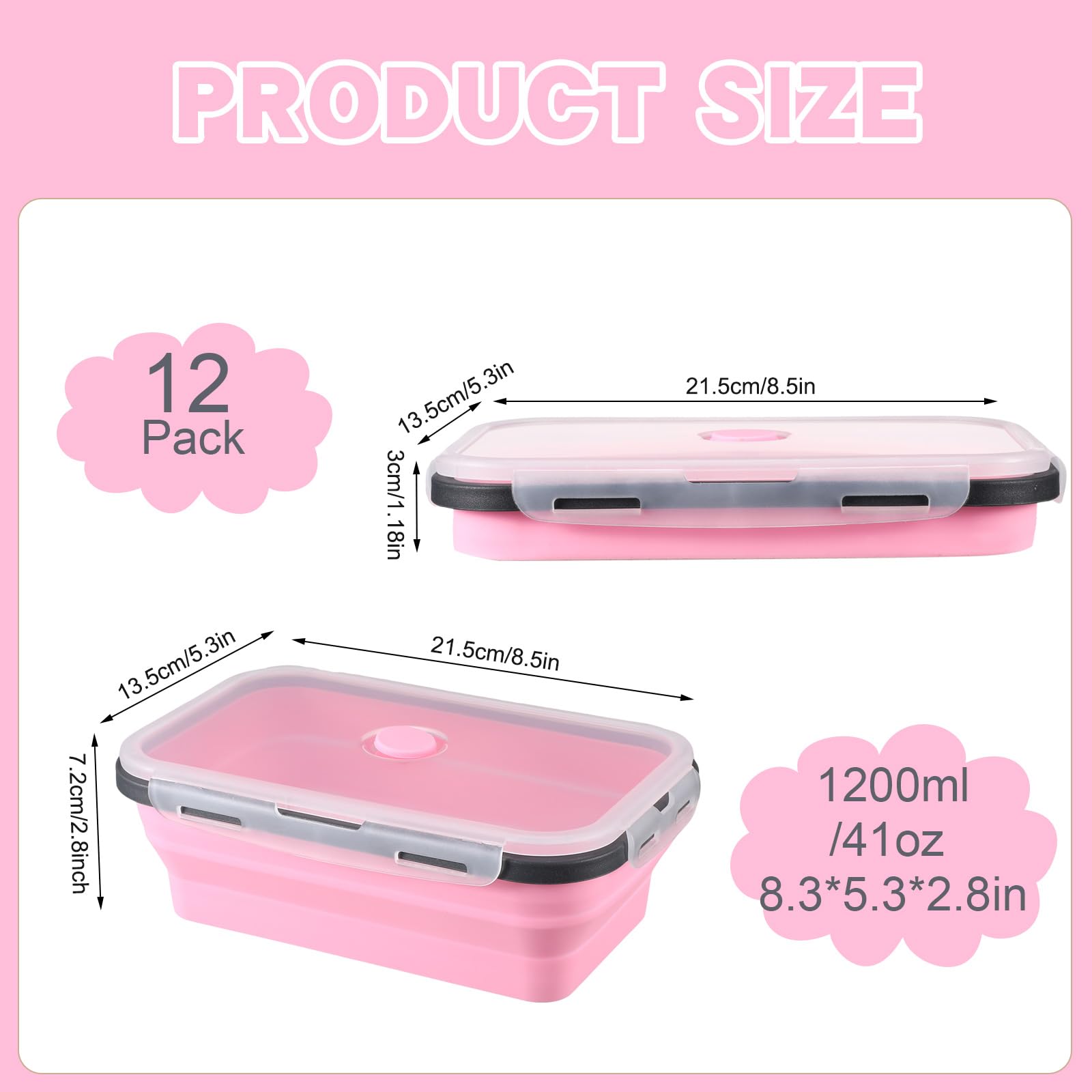 Uiifan Pink Collapsible Food Storage Containers Set Stackable Collapsible Bowls with Lids Airtight and Vent for RV Organization Lunch Meal Microwave Dishwasher Freezer Safe(1200 ML, 12 Pcs)