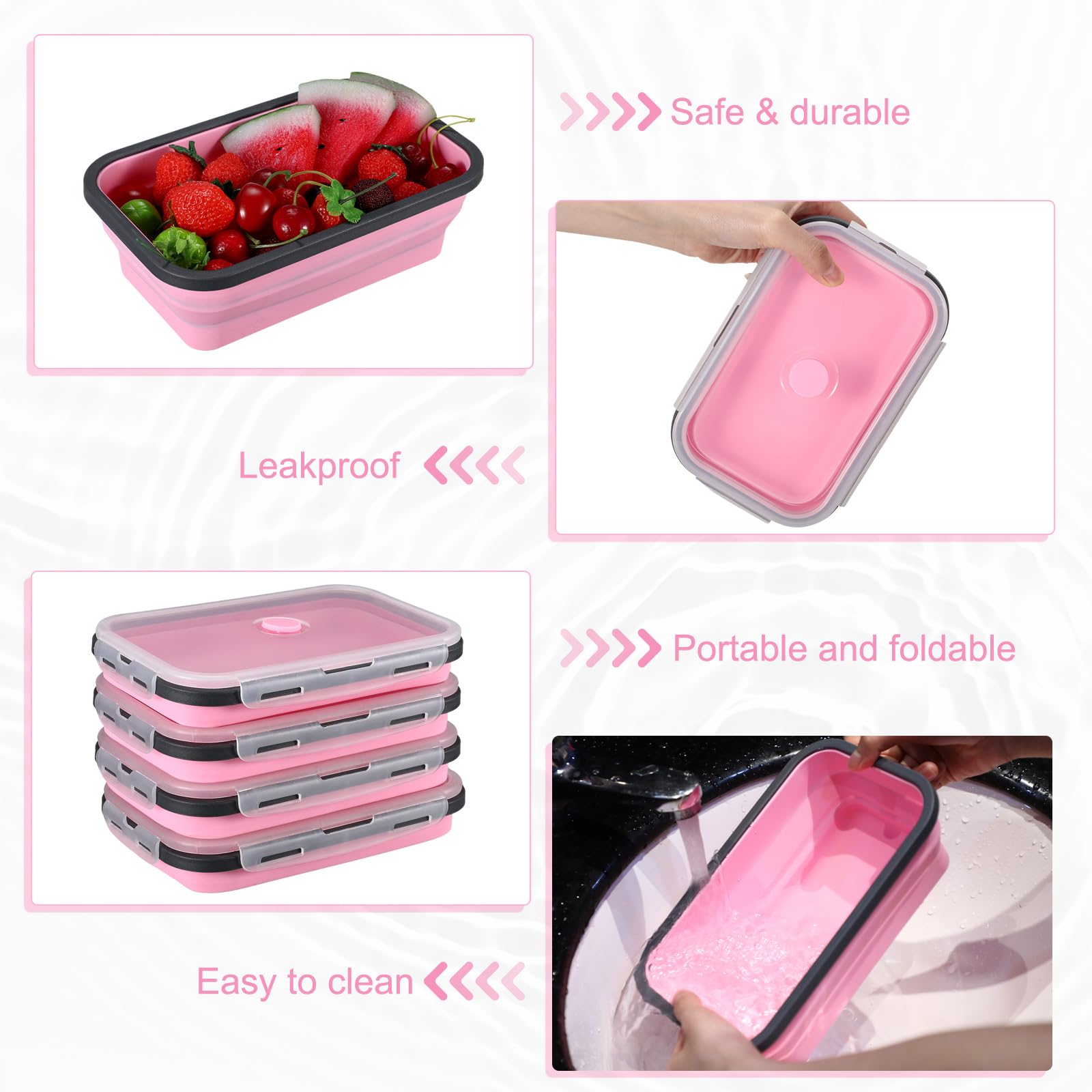 Uiifan Pink Collapsible Food Storage Containers Set Stackable Collapsible Bowls with Lids Airtight and Vent for RV Organization Lunch Meal Microwave Dishwasher Freezer Safe(1200 ML, 12 Pcs)