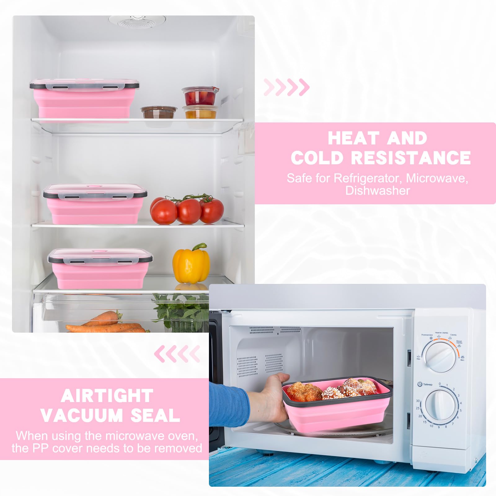 Uiifan Pink Collapsible Food Storage Containers Set Stackable Collapsible Bowls with Lids Airtight and Vent for RV Organization Lunch Meal Microwave Dishwasher Freezer Safe(1200 ML, 12 Pcs)