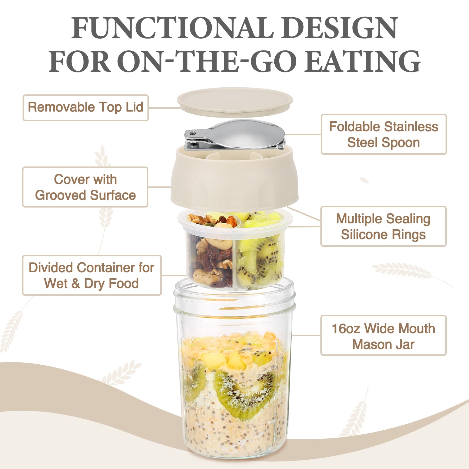 SOLIGT 2 Pack Overnight Oats Containers with Lids, Folding Spoons and Divided Compartments for Fruit & Nuts, Small Glass 16oz Mason Jars for Oatmeal Yogurt Parfait (2 Set-Oat White/Oat White)