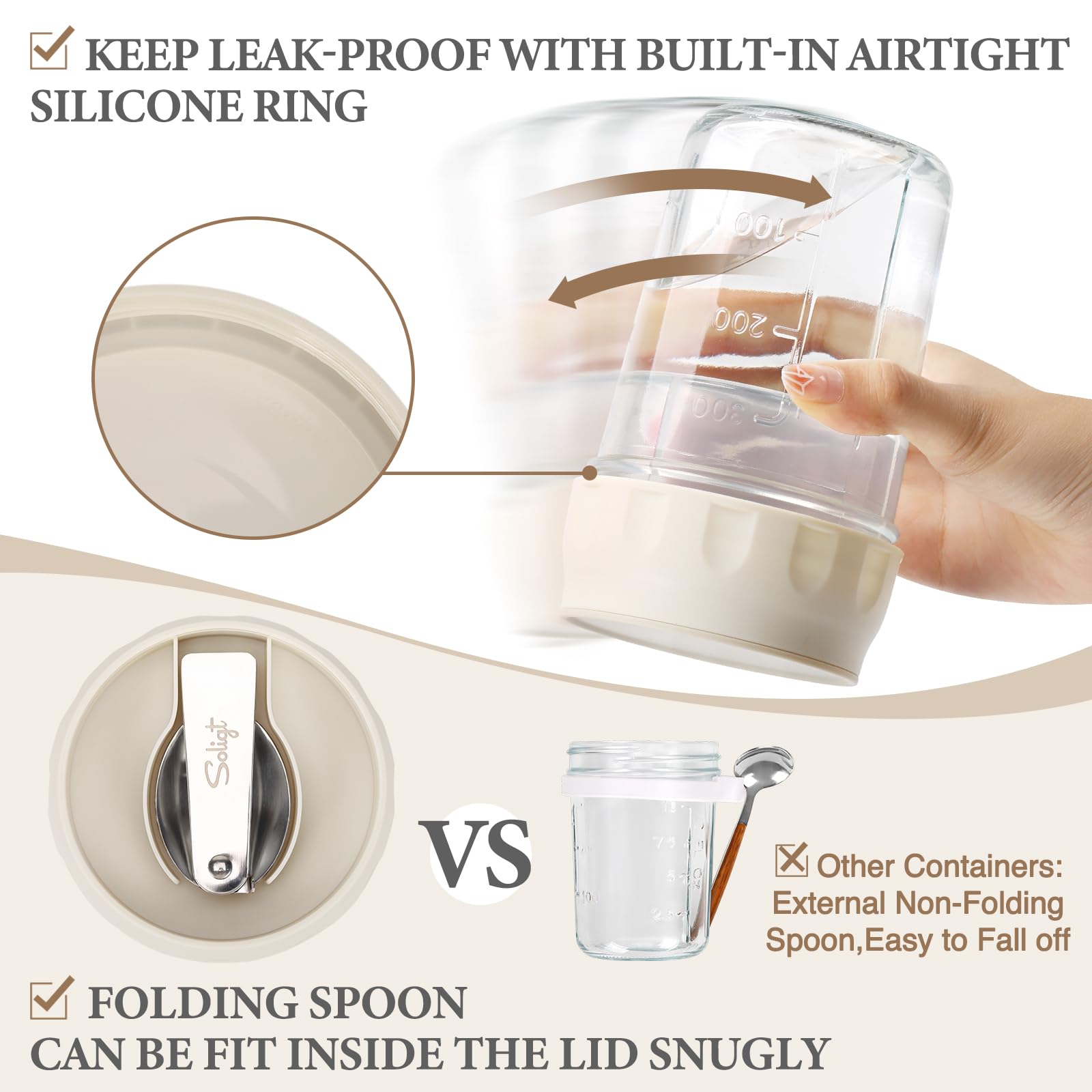 SOLIGT 2 Pack Overnight Oats Containers with Lids, Folding Spoons and Divided Compartments for Fruit & Nuts, Small Glass 16oz Mason Jars for Oatmeal Yogurt Parfait (2 Set-Oat White/Oat White)