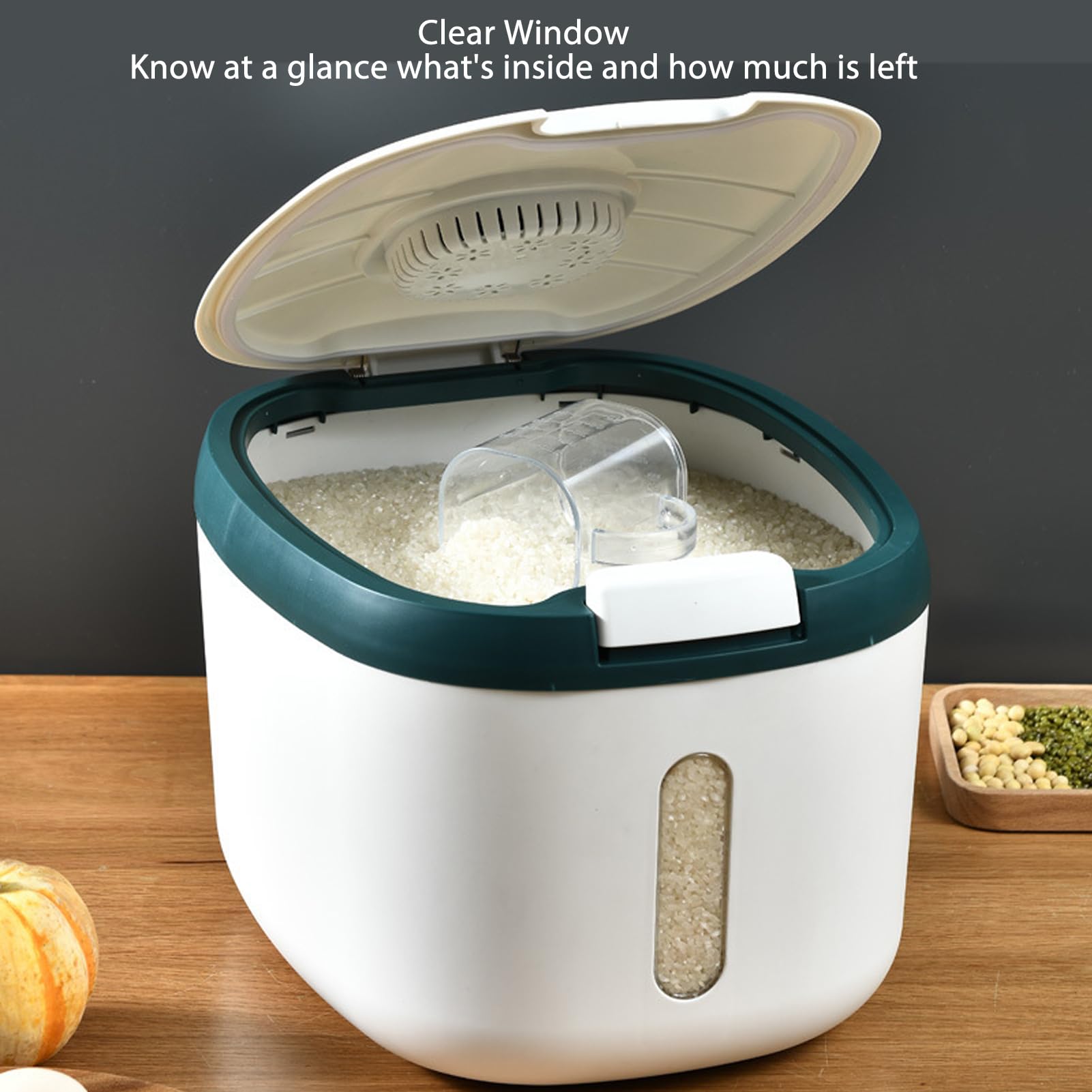 Rice Storage Container, Large Capacity Food Storage Container, Airtight Food Storage Container with Measuring Cup, Covered Rice Bucket, Cereal Dispenser Bin for Grains Nuts Flour(S Green (5kg/11.0lb))