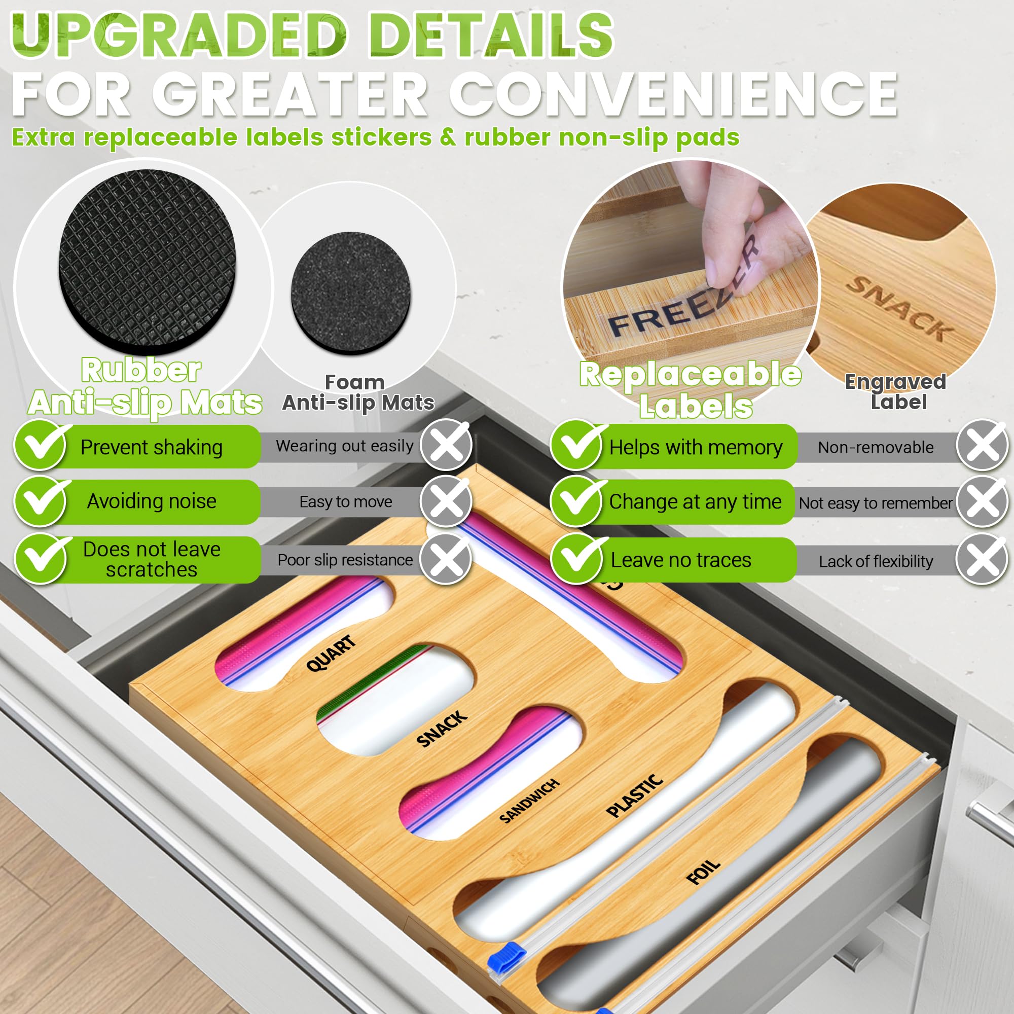 YITOBA Thicker Bag Storage Organizer, Bamboo Baggie Organizer with Aluminum Foil Dispenser, Foil and Plastic Wrap Organizer with Cutter, 6 in 1 Sandwich Bag Organizer for Drawer Kitchen