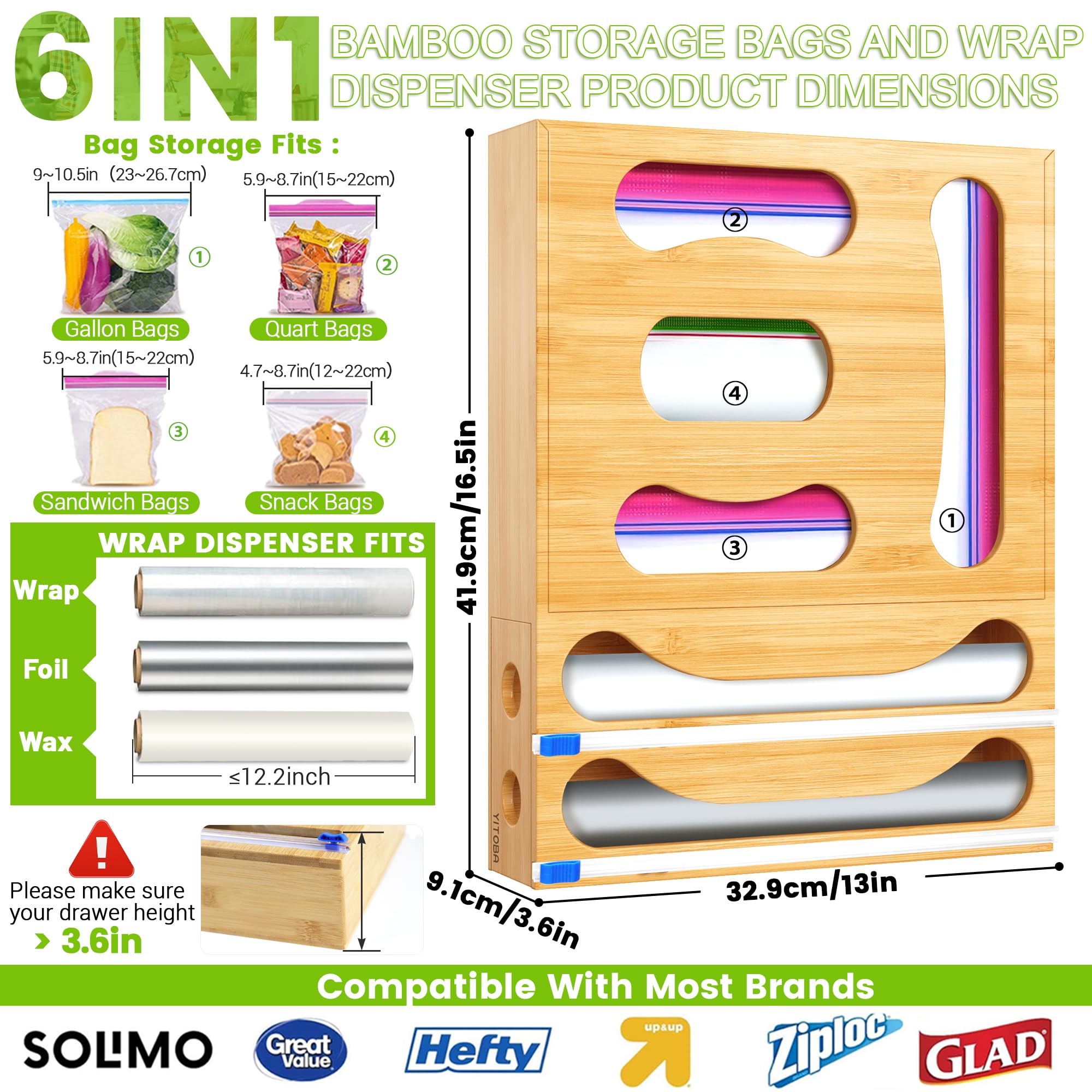 YITOBA Thicker Bag Storage Organizer, Bamboo Baggie Organizer with Aluminum Foil Dispenser, Foil and Plastic Wrap Organizer with Cutter, 6 in 1 Sandwich Bag Organizer for Drawer Kitchen