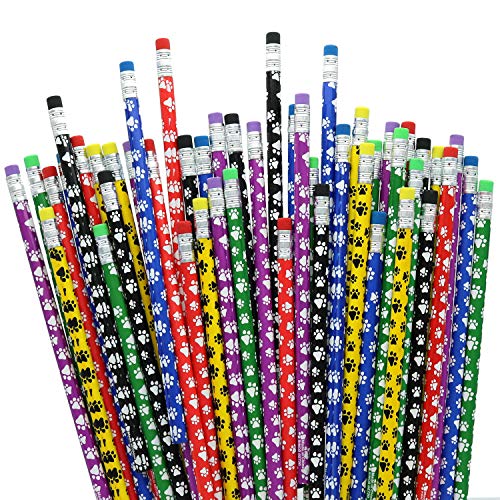 GiftExpress 48 Pcs Paw Print Pencils for Kids, Colorful Assortment Wooden Pencil with Eraser for School Supplies, Classroom Prize