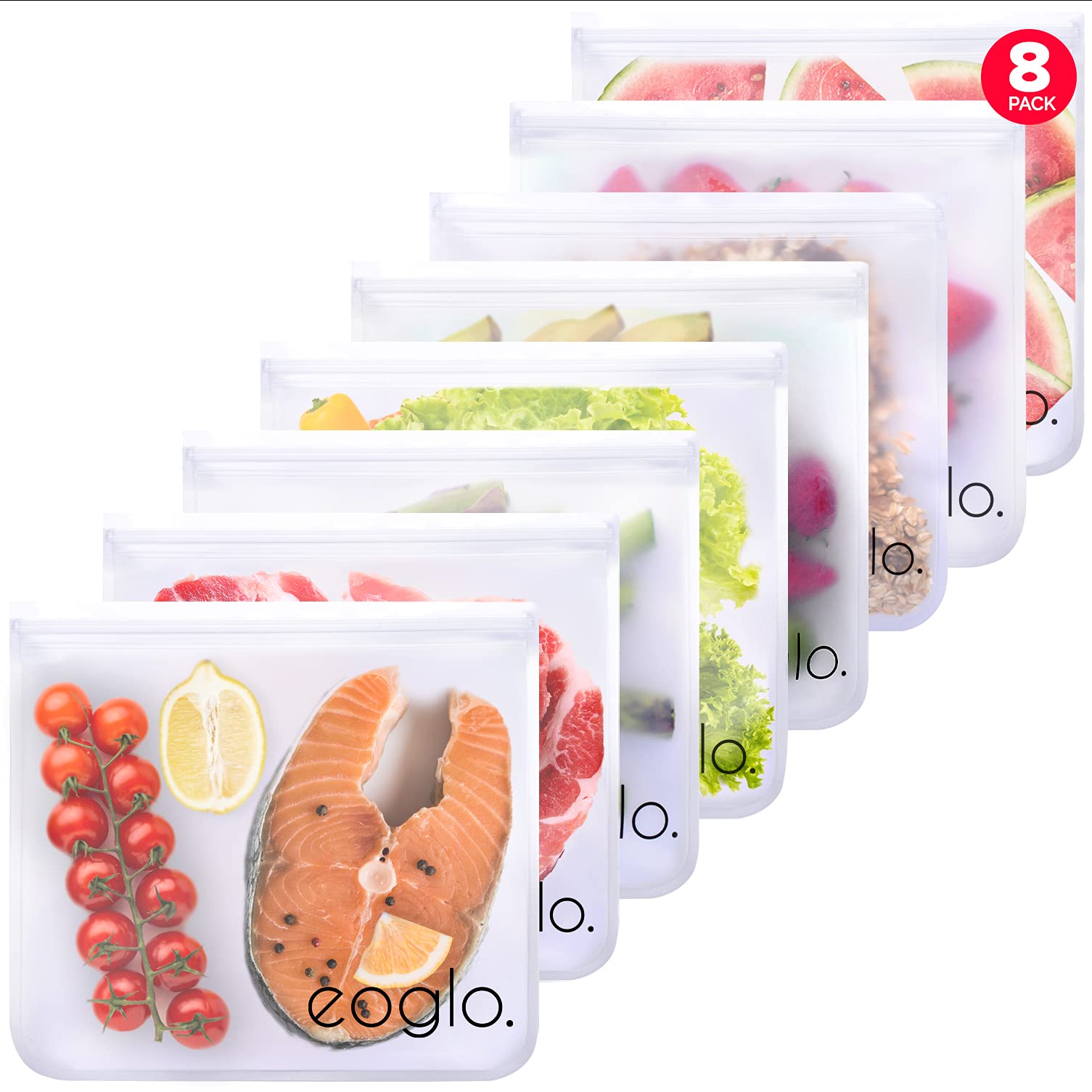 eoglo Reusable Food Storage Bags, BPA FREE, Dishwasher Safe 8 Pack XLarge Gallon Size Freezer Bags