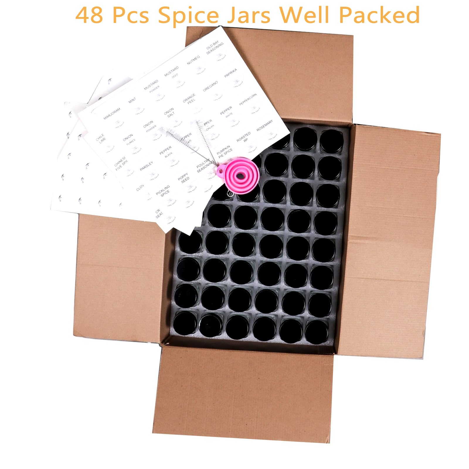 48 Pcs Glass Spice Jars with Labels and Black Lids 4oz Spice Container Set Seasoning Bottles with Blank and Printed Labels, Shaker Lids, Collapsible Funnel and Brush Included