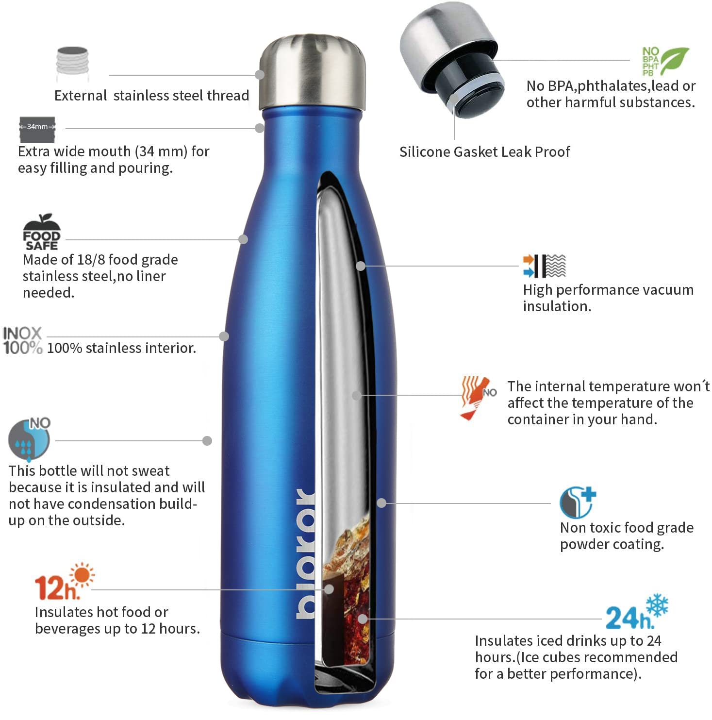 BJPKPK 17oz Insulated Stainless Steel Water Bottles,Sports Water Bottles Keep Cold for 24 Hours and Hot for 12 Hours,BPA Free for Travel,Blue