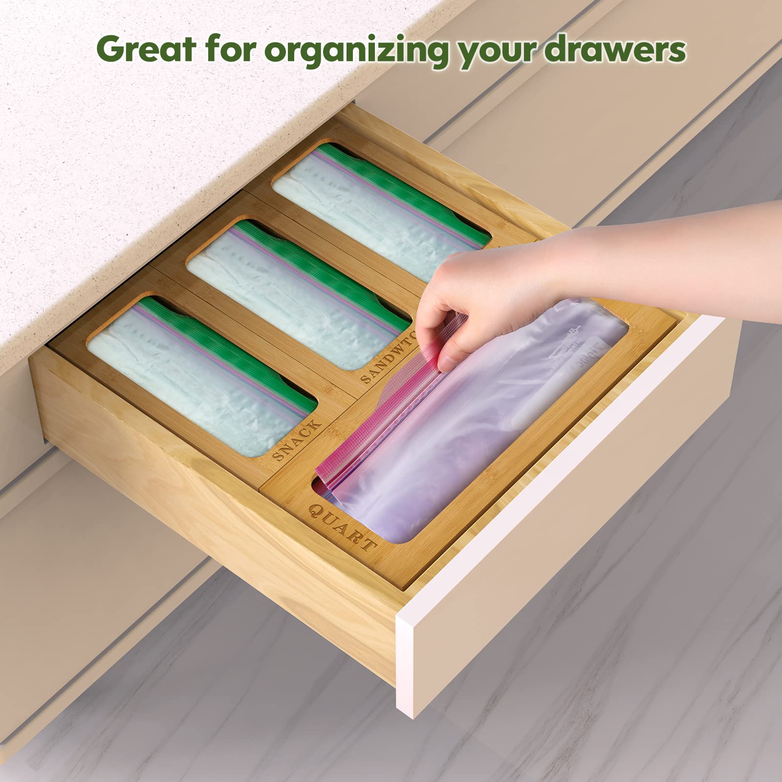 NautDuty Ziplock Bag Storage Organizer, Bamboo Baggie Organizer, Food Storage Bag Organizer for Kitchen Drawer, for Gallon, Quart, Sandwich, Snack & Slider Bags, Ziploc Bag Organizer