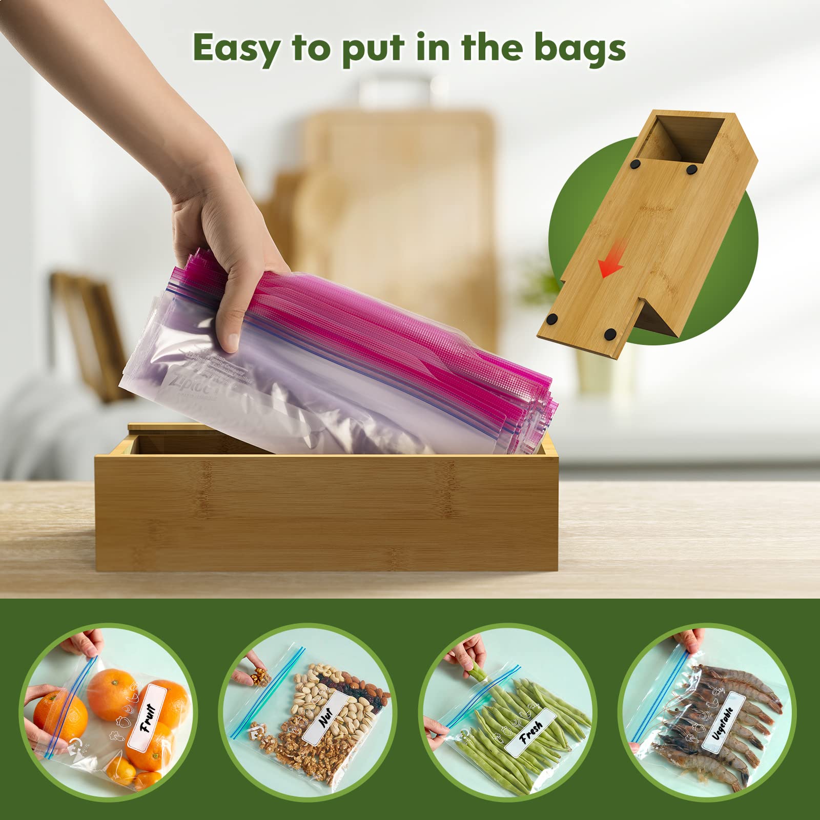 NautDuty Ziplock Bag Storage Organizer, Bamboo Baggie Organizer, Food Storage Bag Organizer for Kitchen Drawer, for Gallon, Quart, Sandwich, Snack & Slider Bags, Ziploc Bag Organizer