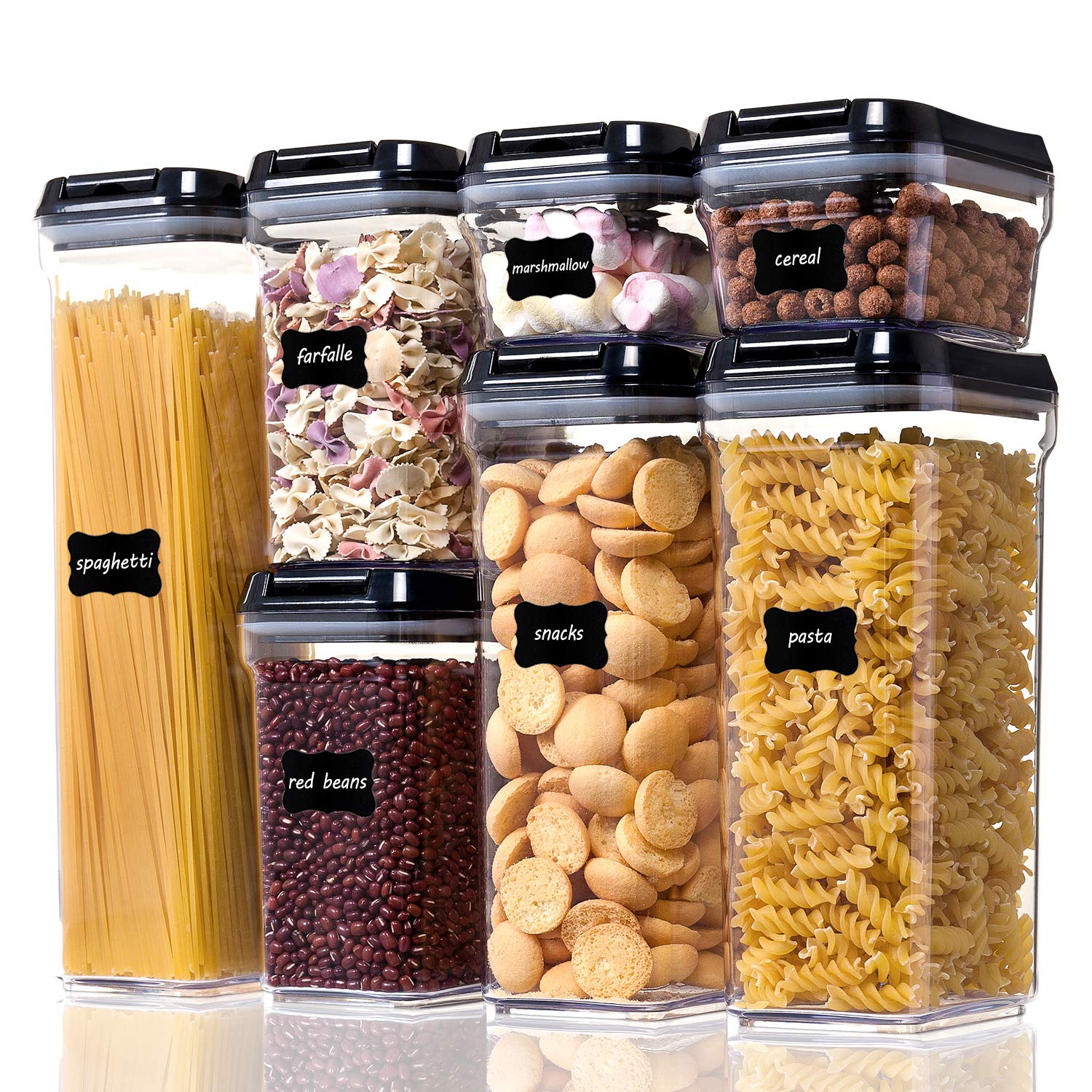 Airtight Food Storage Containers, Vtopmart 7 Pieces BPA Free Upgraded Plastic Canisters with Improved Durable Lids - for Kitchen Pantry Organization and Storage - Include 24 Labels,Matt black