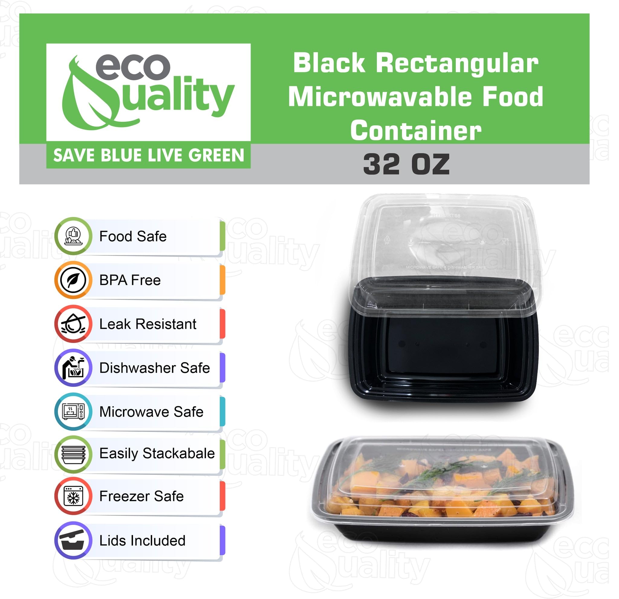 32 oz Reusable Food Storage 5 Pack Containers with Lids by EcoQuality – Rectangular BPA Free Freezer, Microwave & Dishwasher Safe – Airtight & Watertight Stackable, Lunch Meal Prep, To-Go, Bento Box
