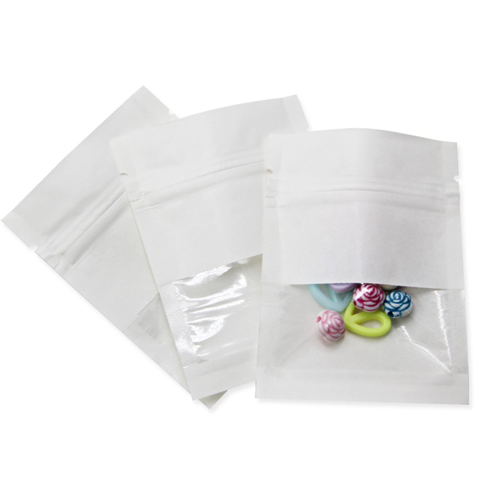 PABCK 100 Pack (Inner Size 2.36x2.36 inch) White Kraft Paper Resealable Bags with Clear Window Heat Seal Airtight Pouch for Zip Food Storage Lock Coffee Snack Packaging