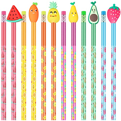 42 Pieces Scented Pencils Fun Pencil with Eraser Cartoon Pencil Toppers Fruit Pencil Toppers with Pencil Toppers Lovely Wood Pencil with Fruit Element Graphite Pencil