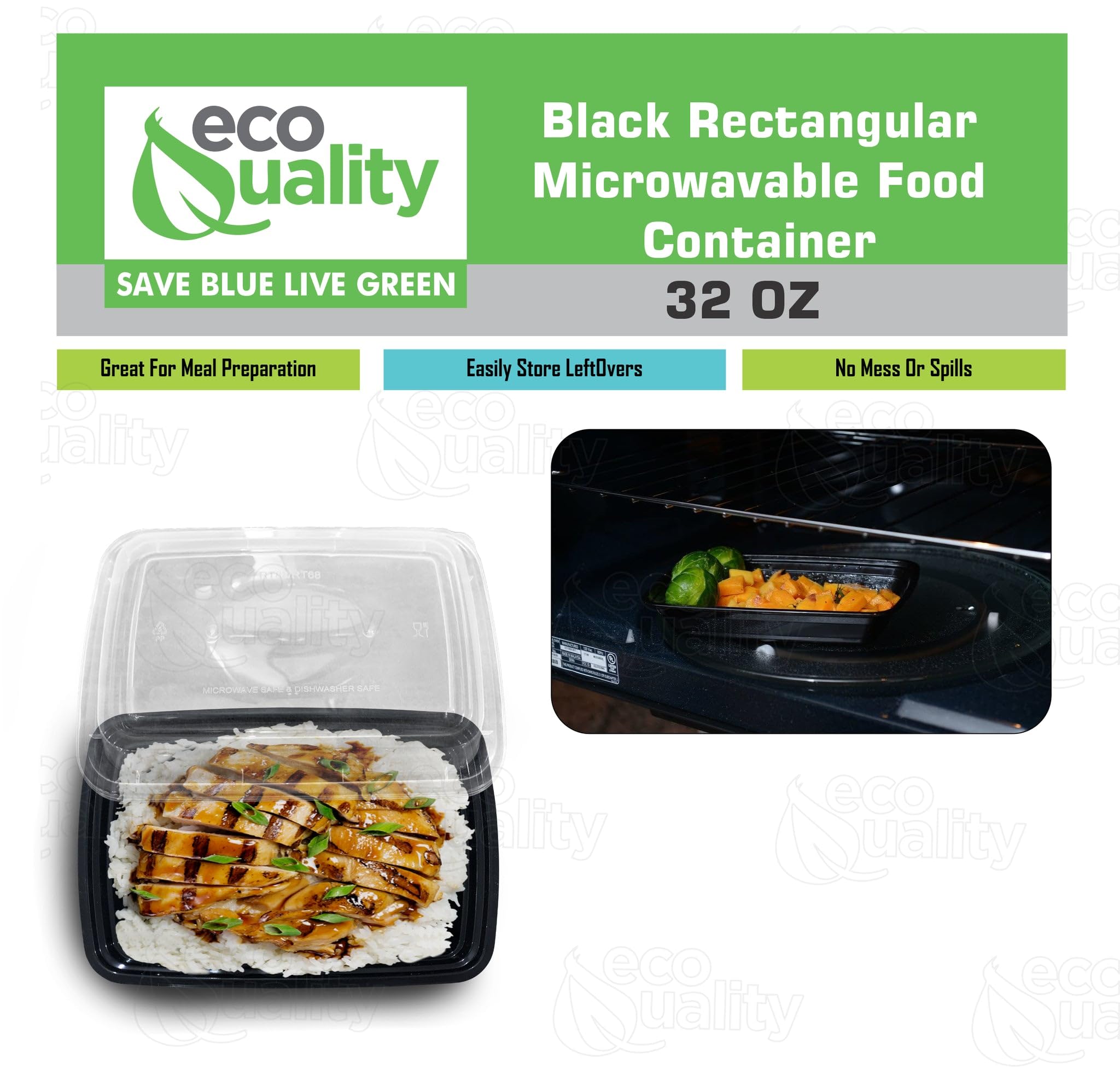 32 oz Reusable Food Storage 5 Pack Containers with Lids by EcoQuality – Rectangular BPA Free Freezer, Microwave & Dishwasher Safe – Airtight & Watertight Stackable, Lunch Meal Prep, To-Go, Bento Box
